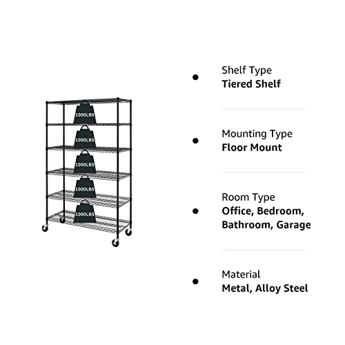 HCY 6-Tier Storage Shelf Heavy Duty Storage Shelving Unit NSF Height Adjustable Metal Storage Rack with Wheels for Laundry Bathroom Kitchen Garage Pantry Organization-18inx48inx76in (Black)