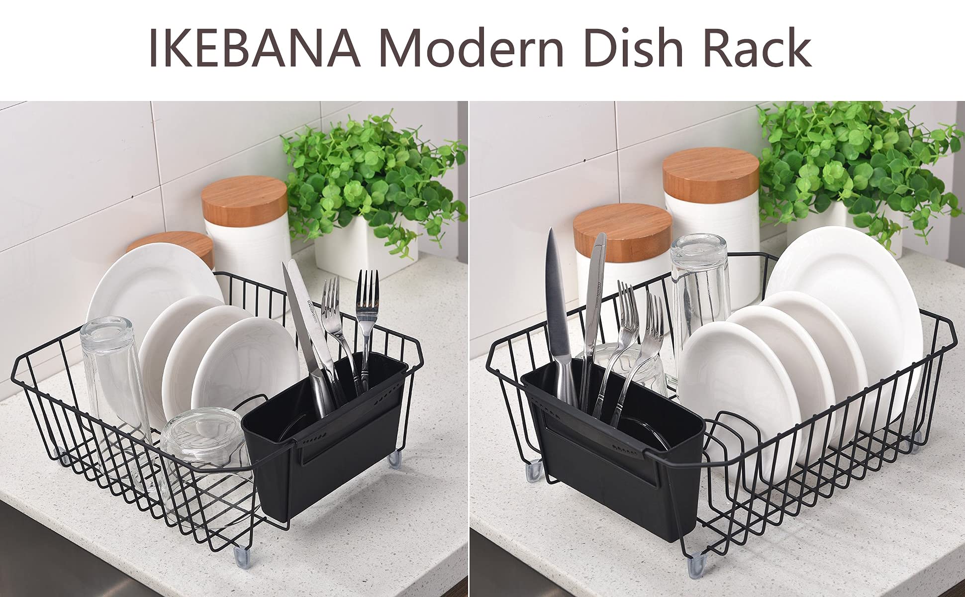 IKEBANA Black Simplicity Dish Drying Rack, Stainless Steel Dish Racks Rustproof for Kitchen Counter, Kitchen Chrome Finish Wire Dish Rack, Small Dish Drainer Rack with Removable Cutlery Holder