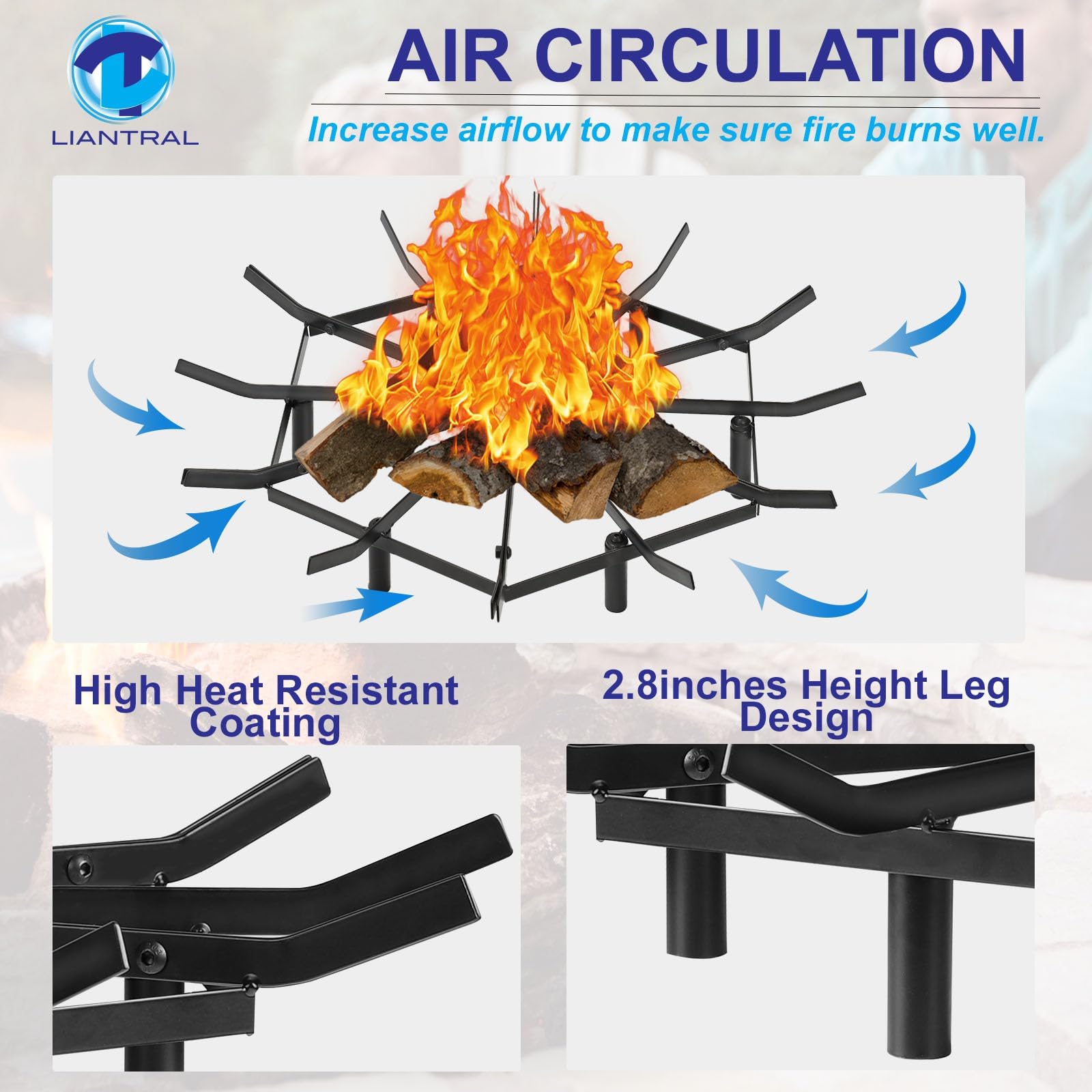 LIANTRAL 24in Fire Pit Grate, Fireplace Round Log Stove Rack Wood Grate for Indoor Outdoor Patio Firewood Burning Rack