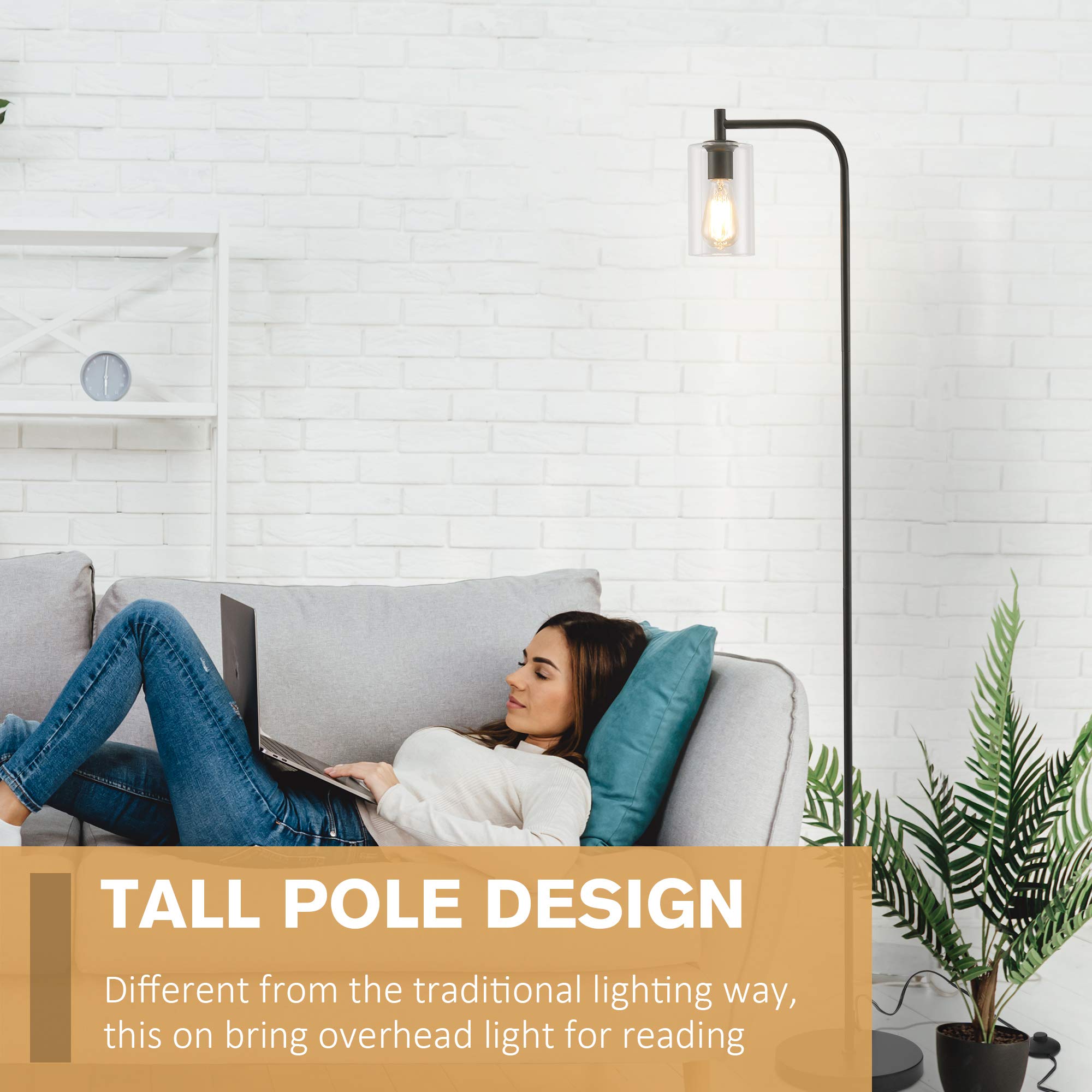 HOMCOM Modern Stylish Tall Pole Floor Lamp, Land Light with Metal Base, Cylindrical Shaped Glass Shade, Black