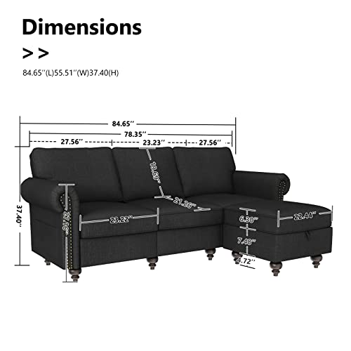 Nolany Sectional Sofa with Storage Ottoman, L Shaped Couch with Reversible Chaise for Small Space, Sectional Couches for Living Room, Dark Grey