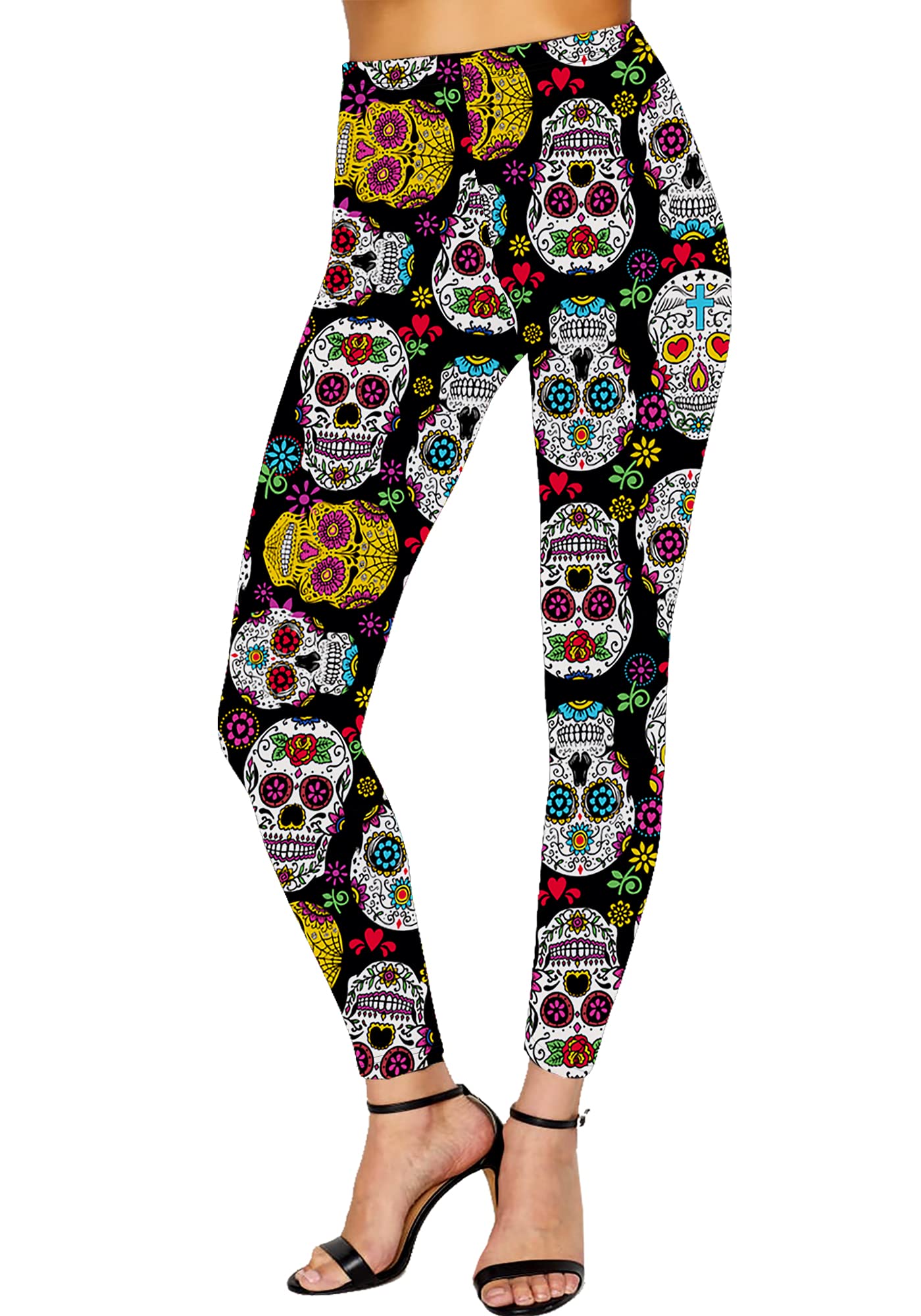 Halloween Womens Leggings Day of The Dead Sugar Skull Printed Stretchy High Waist Pants S