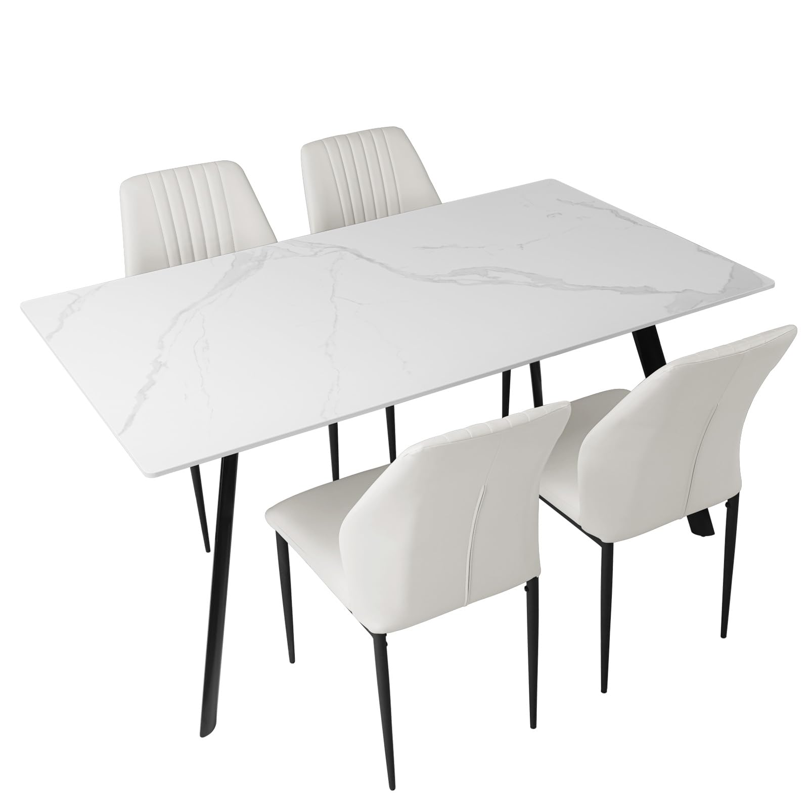 HIPIHOM Modern Kitchen Dining Slate Table and Chairs for 4,5 Pieces Rectangular Dining White Sintered Stone Table and Chairs Set 4 for Home, Kitchen, Living Room, Dining Room (Table+4 Beige Chairs)