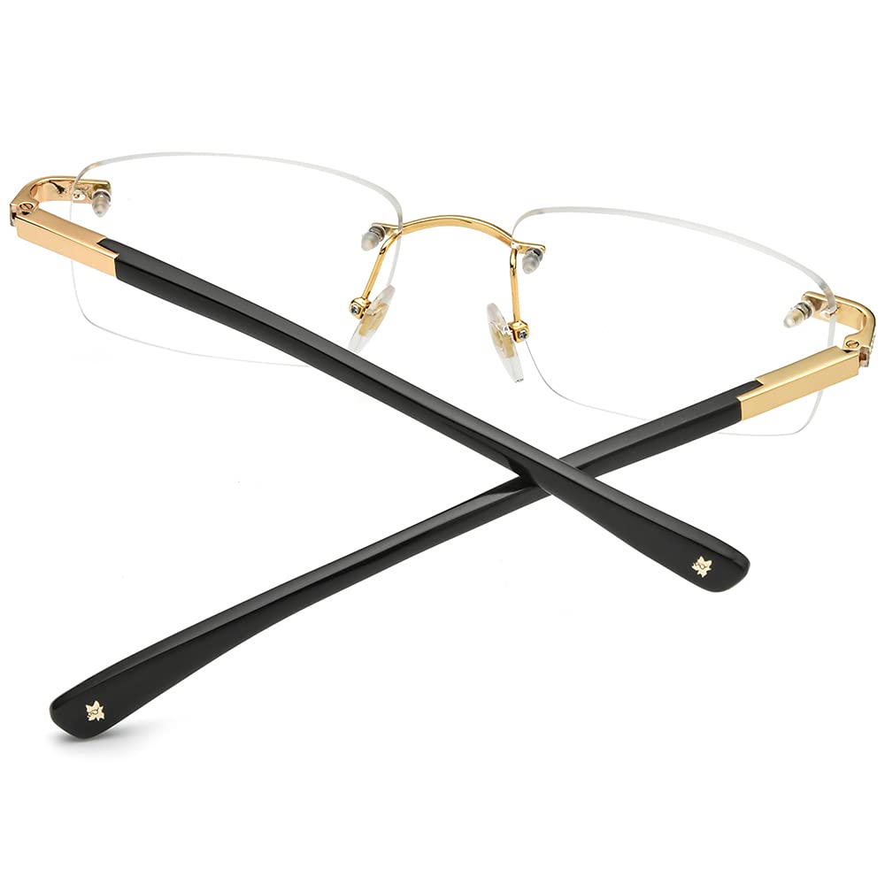 HEPIDEM 100% Really Buffalo Horn Glasses,Square Rimless Luxury Buffs Eyeglasses With Diamonds (Black 0023)