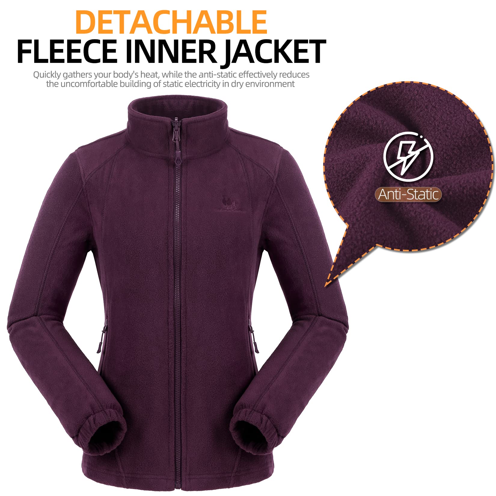 GOLDEN CAMEL Women's Ski Jacket 3 in 1 Waterproof Windproof Winter Jacket with Full zip Lined Fleece Jacket Hooded Raincoat Snowboard Mountain Snow Coat, Dark Purple, L