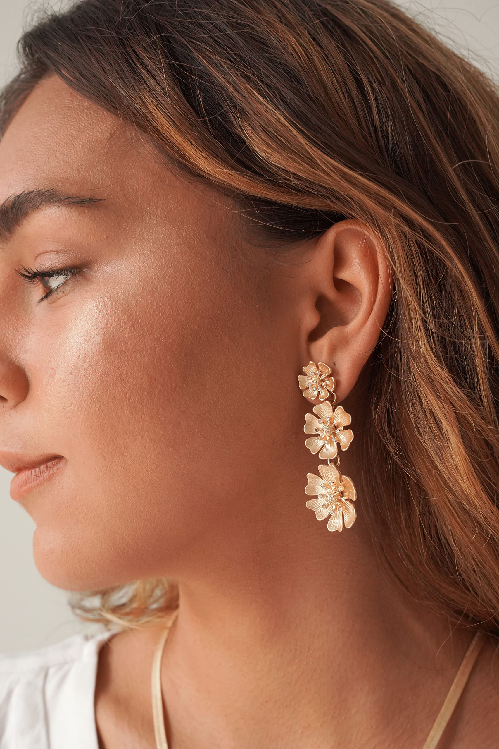 Laura Ashley Womens Jewelry Gold Triple Flower Drop Floral Dangle Earrings with Crystal