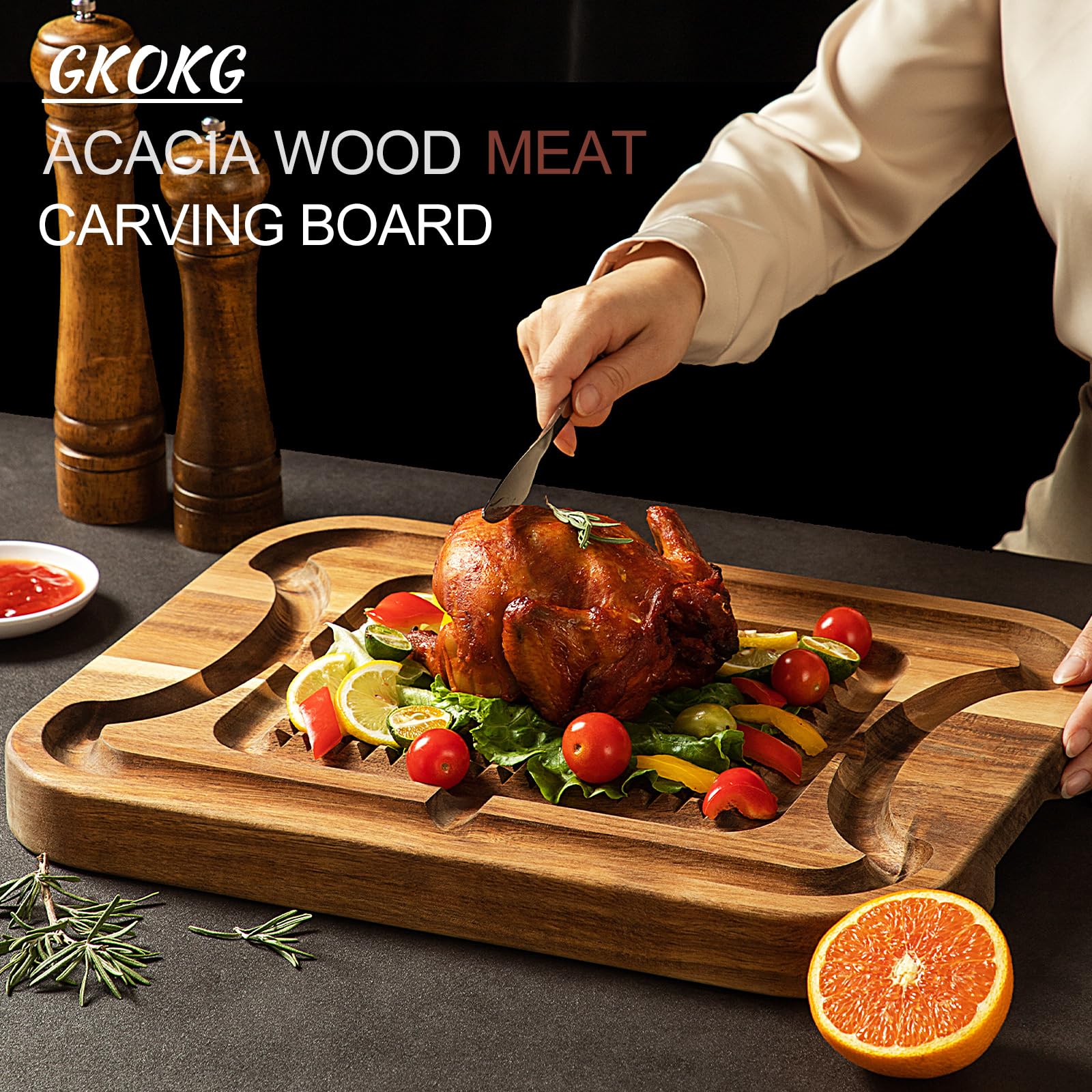 GKOKG Acacia Meat Cutting Board with Deep Juice Groove, Large 17x13 in. Turkey Cutting Board Double Sided Use for Both Meat and Fruit, 1.5" Thick Butcher Block Cutting Boards & Chopping Board