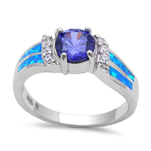 Halo Engagement Ring Lab Created Blue Opal Simulated Tanzanite Round Cubic Zirconia 925 Sterling Silver, Size - 7
