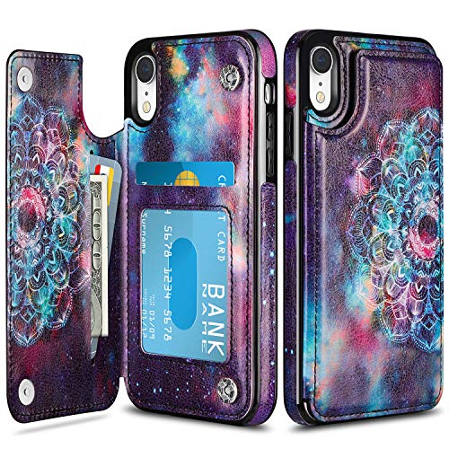 HianDier Wallet Case for iPhone XR, Slim Protective Case with Credit Card Slot Holder Flip Folio Soft PU Leather Magnetic Closure Cover Case Compatible with iPhone XR 6.1 Inches, Mandala