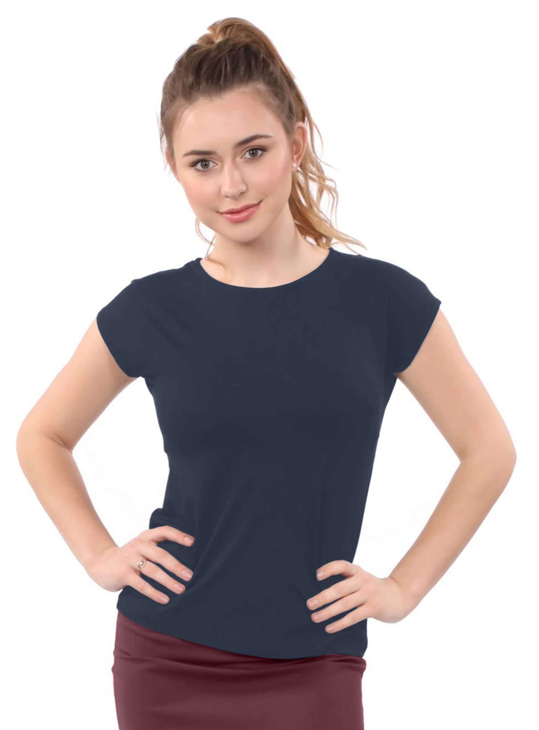 Kosher Casual Women's Modest Cap Sleeve Crew Neck Undershirt - Layering Tee Medium Dark Navy