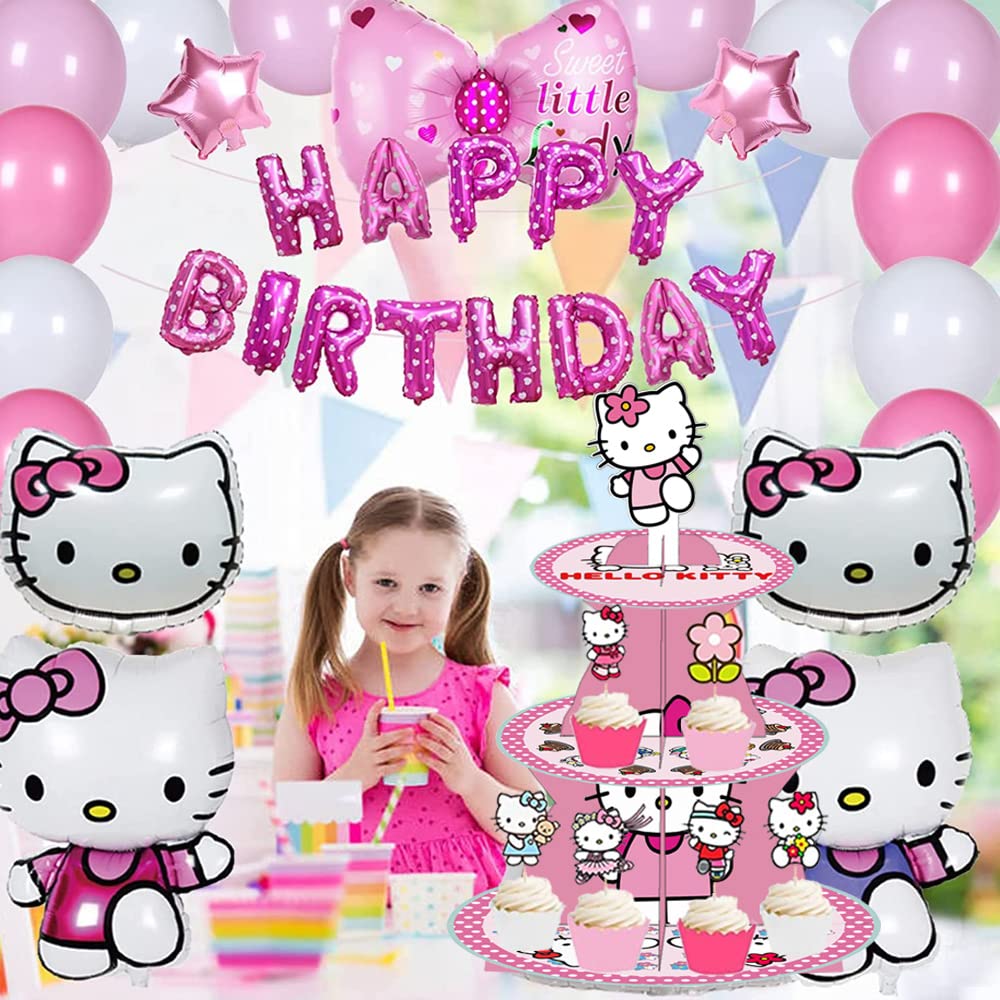 Hello Kitty Party Supplies Decorations, 3 Tier Cupcake Stand, Birthday Dessert and Cake Display Stand for Birthday Party Decoration, Hello Kitty Party Favors Decorations