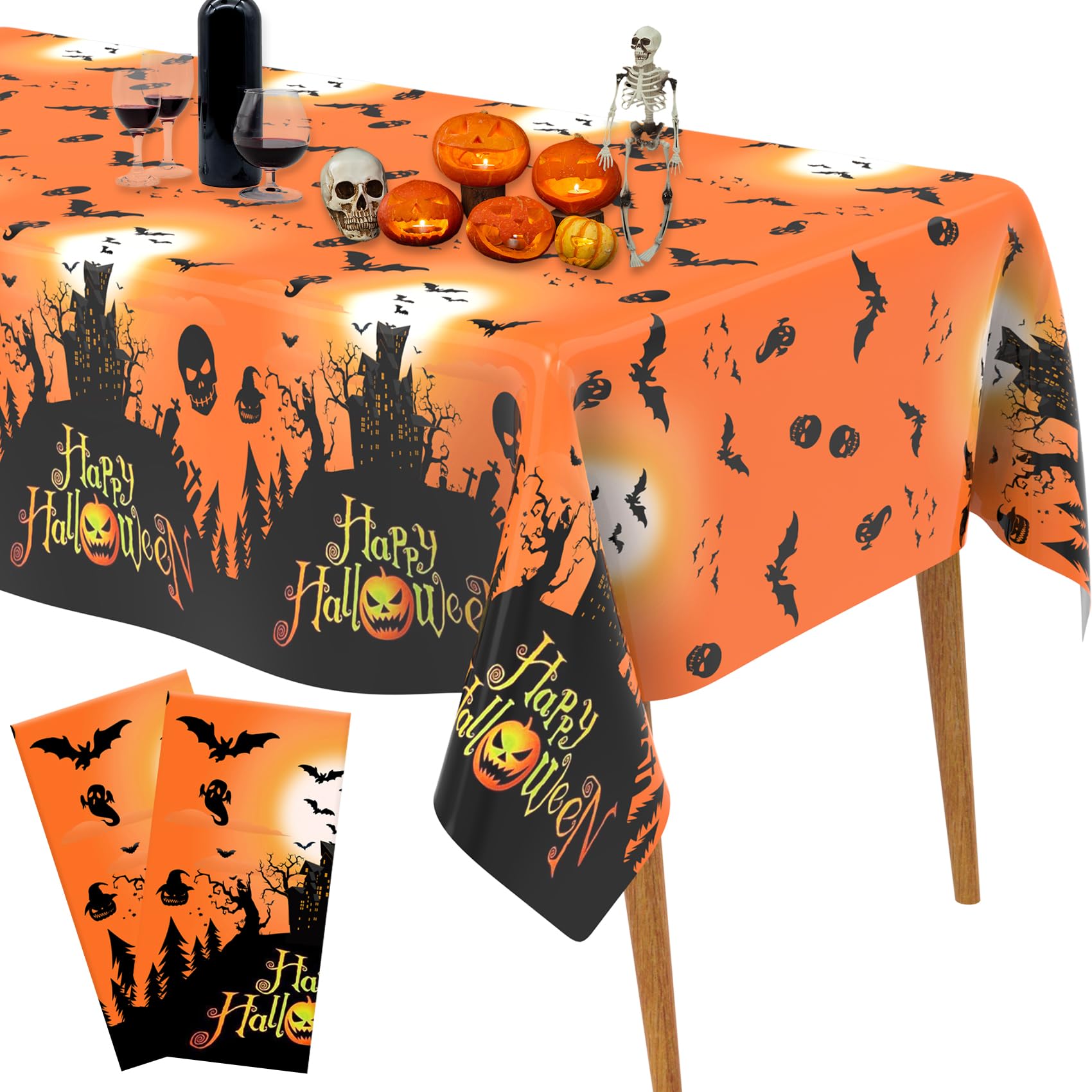 Halloween Tablecloth, 54" x 108" Halloween Tablecloth Rectangle, 2PCS Disposable Plastic Halloween Table Cover Table Cloth Halloween Table Decorations for Halloween Party Supplies Home Decor