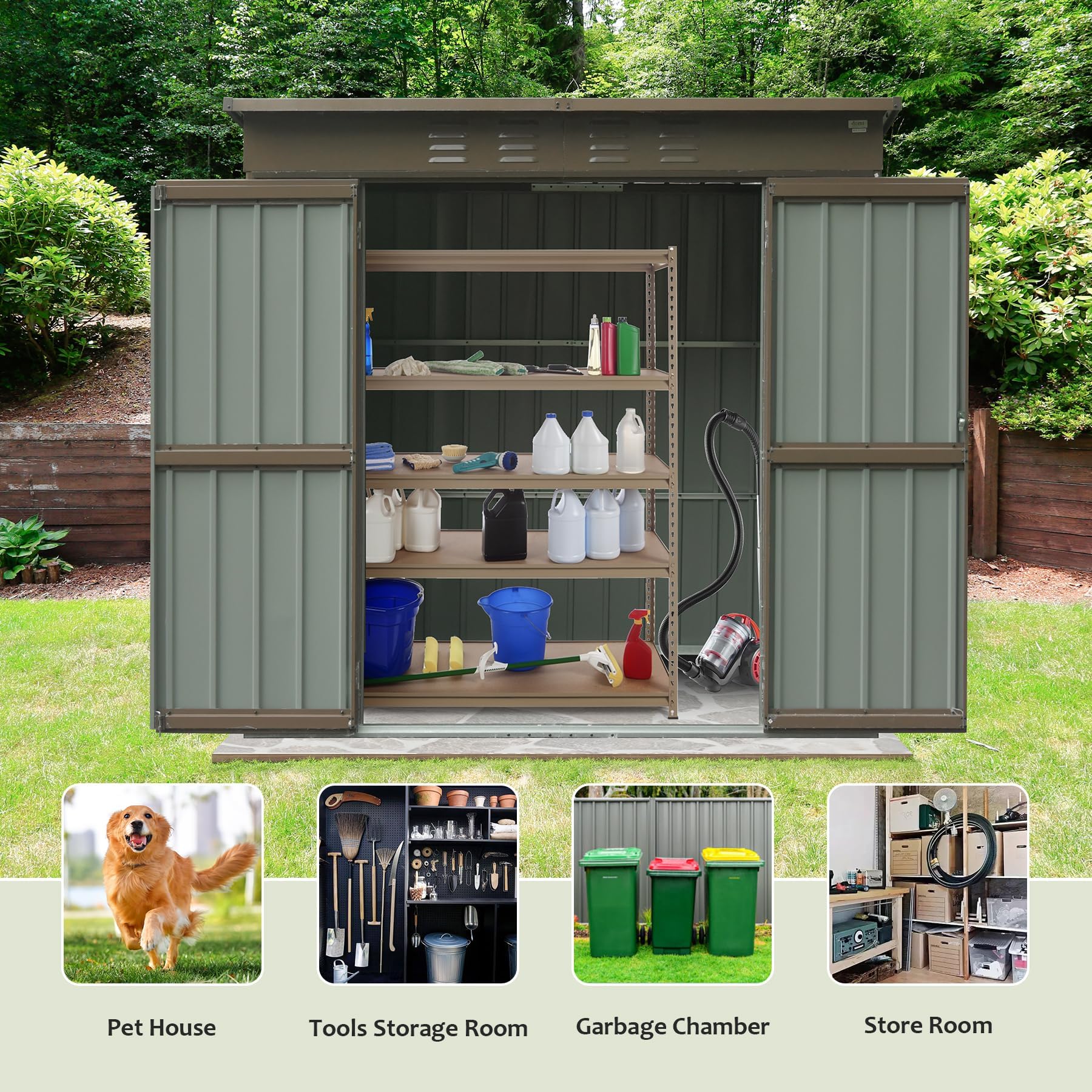 Outdoor Storage Shed, 6 x 4 ft, Galvanized Metal, Brown, for Garden, Backyard, Lawn, Terrace Tool Storage