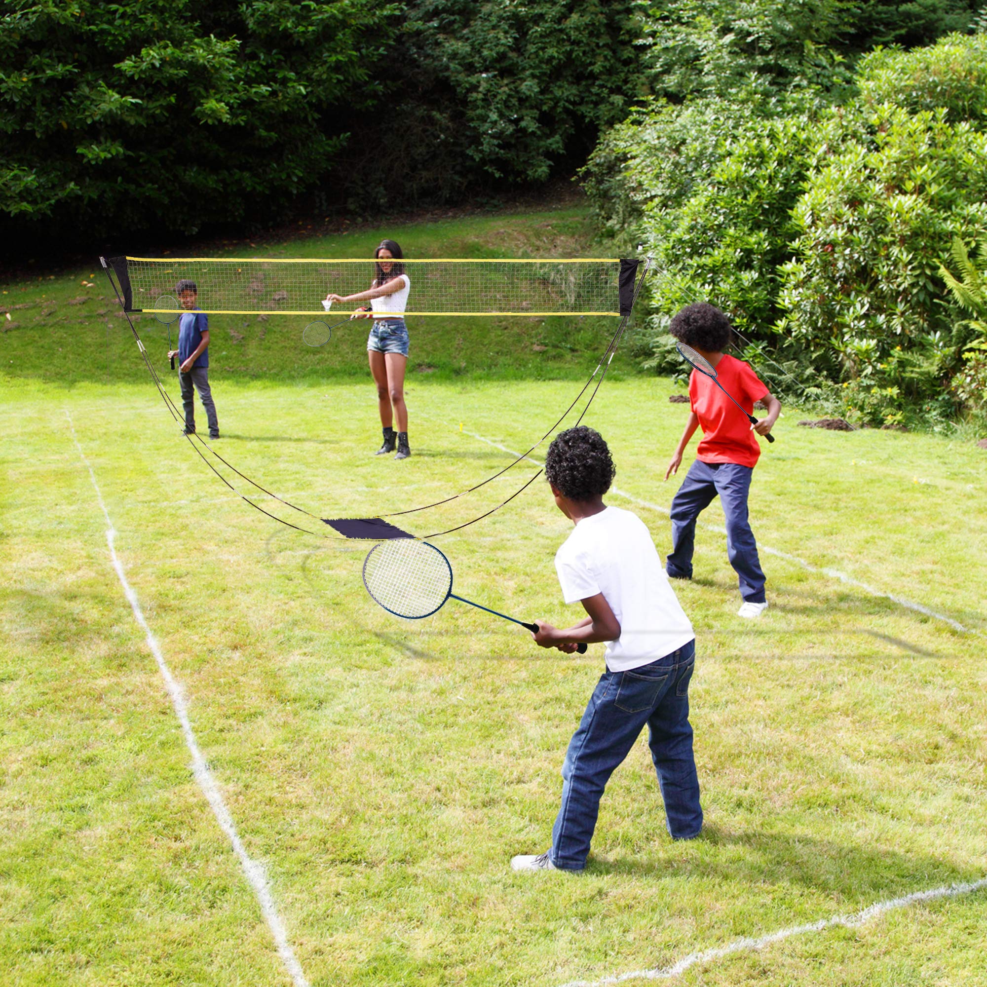 HIRALIY Complete Badminton Set, Badminton Rackets Set of 4 for Outdoor Backyard Games, Includes 1 Portable Badminton Net, 4 Rackets, 12 Plastic Shuttlecocks, 4 Replacement Grip Tapes and 1 Carry Bag