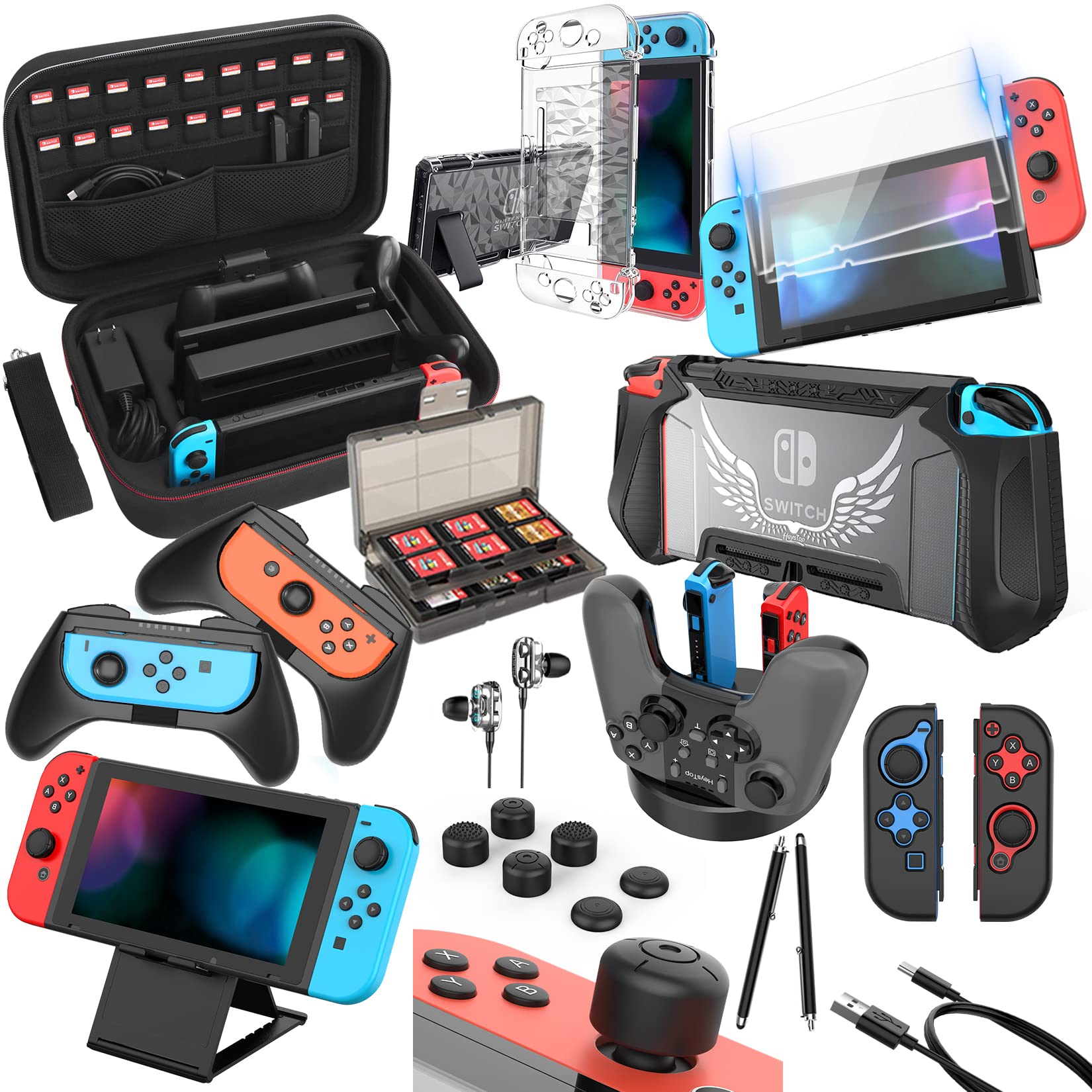 HEYSTOP Switch Accessories Bundle 28 in 1 for Nintendo Switch, Gift Kit with Carrying Case, JoyCon Charging Dock, Grip, Game Steering Wheel, Protective Case Protector, Screen Protector, Caps, Black