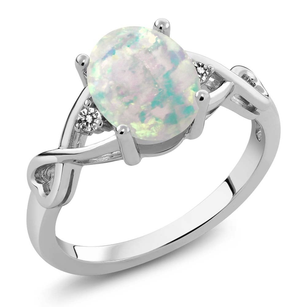 Gem Stone King 925 Sterling Silver Cabochon White Simulated Opal and White Diamond Ring For Women (0.66 Cttw, Available in size 5, 6, 7, 8, 9)