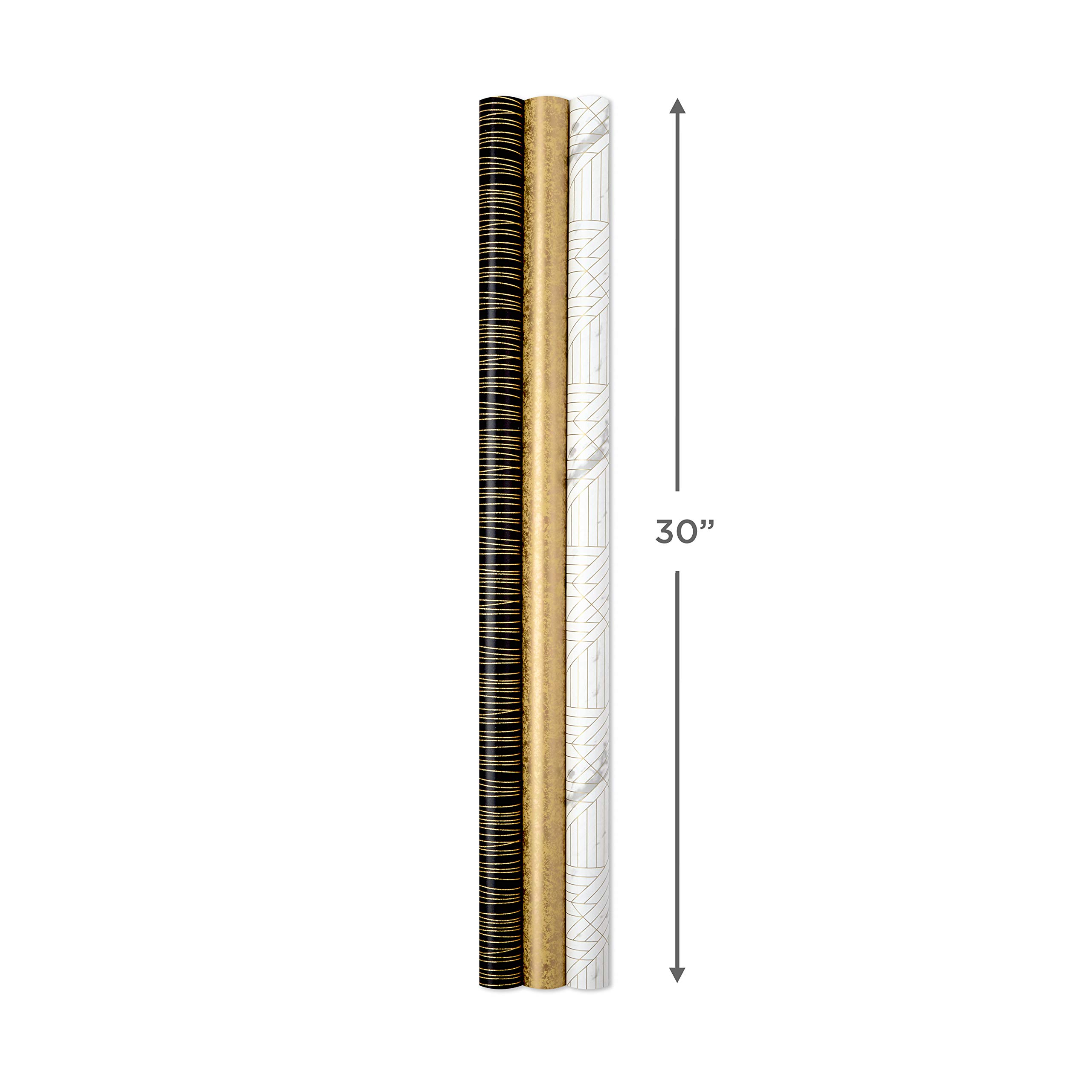 Hallmark Premium Wrapping Paper Roll Bundle with Cut Lines on Reverse (3 Rolls: 85 sq. ft. ttl. Marble, Black, Antiqued Gold) for Valentines Day, Graduations, Birthdays, Weddings, and Bridal Showers