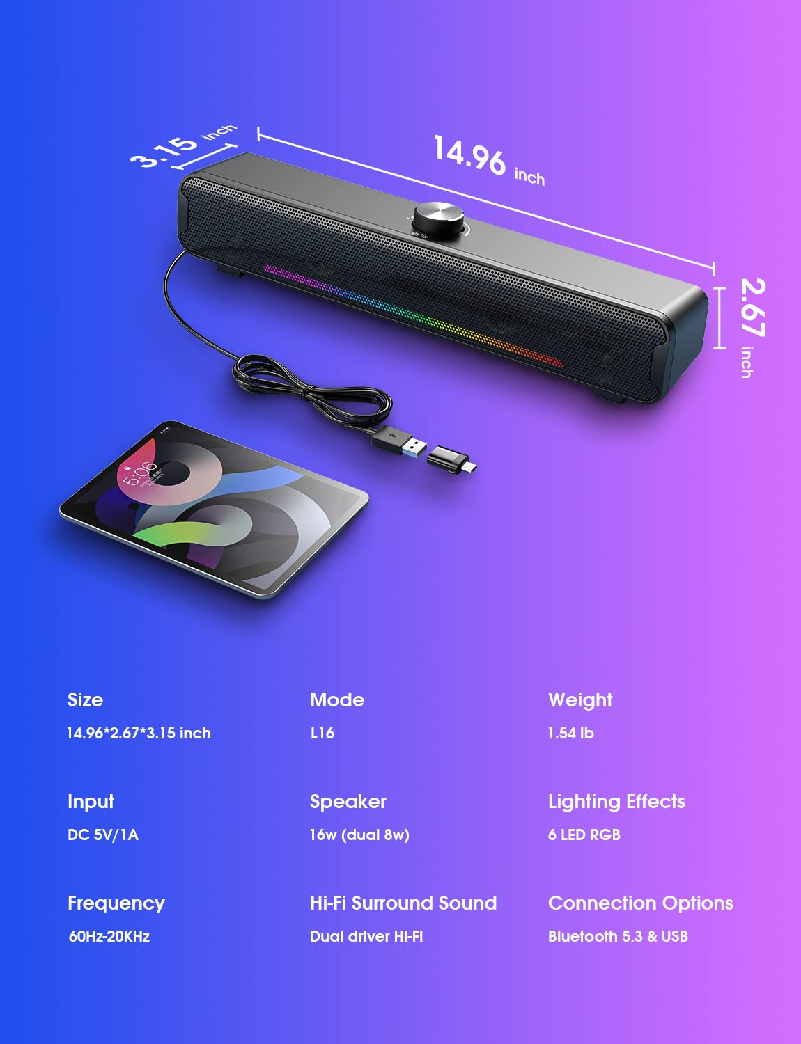 NOOTRY Computer Speakers, Bluetooth RGB Laptop SoundBar, 16W Dual HiFi Stereo with 6 LED Color Mode Soundbar, USB Powered Computer Speakers for Monitor, Phone, PC, Laptop