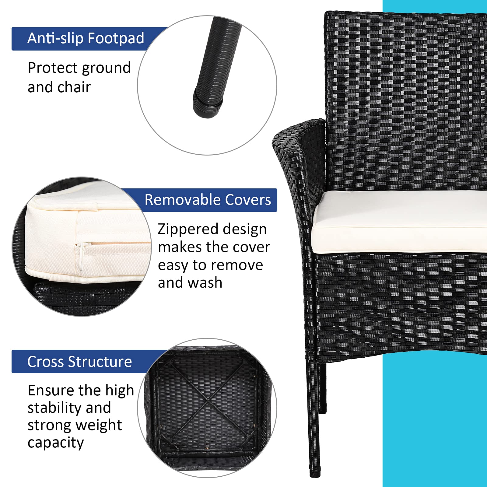 Patio Chairs Set of 2, All Weather Rattan Wicker Dining Chairs with Soft Removable Cushions, Armrest, Outdoor Dining Chairs for Garden, Pool, Backyard, Lawn, Porch, Black