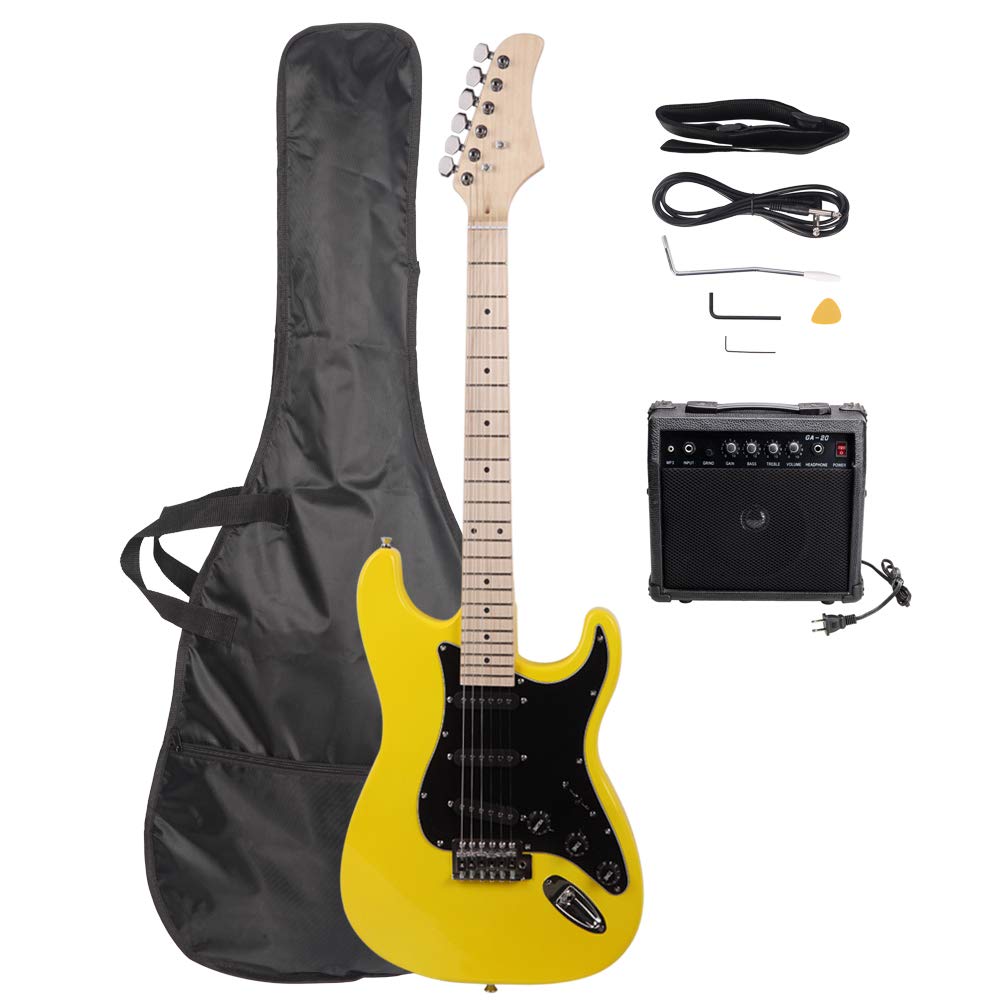 Lykos ST Stylish Electric Guitar with Black Pickguard + Guitar Bag + Strap + Amplifier + Plectrum + Tremolo Bar (Yellow)