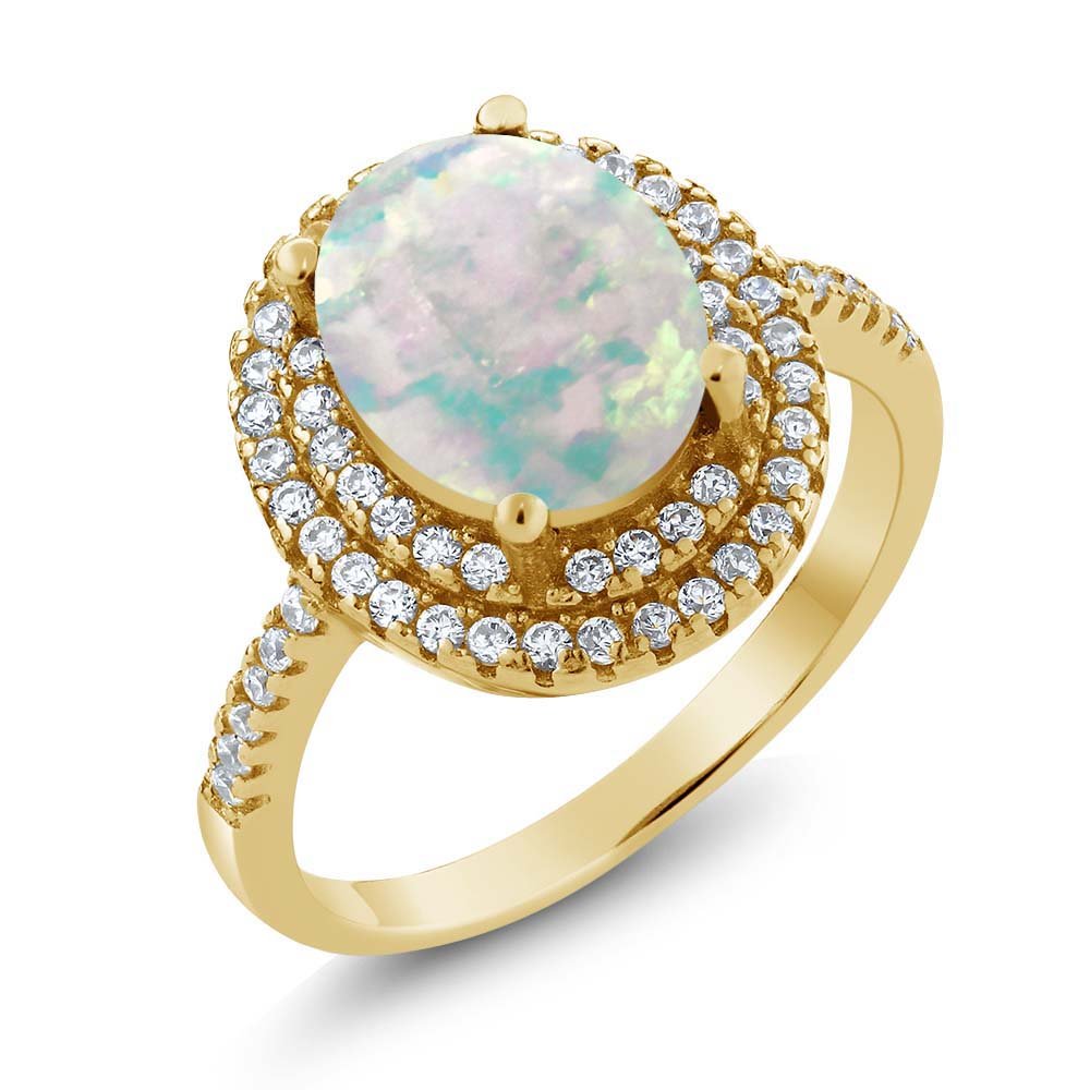 Gem Stone King 18K Yellow Gold Plated Silver Oval Cabochon White Simulated Opal Ring For Women (2.80 Cttw, Available In Size 5,6,7,8,9)