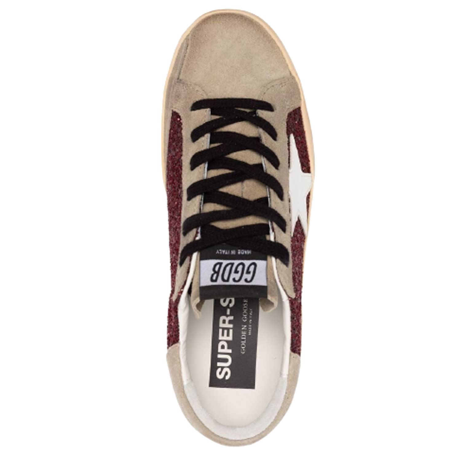 Golden Goose Super-Star Glitter Upper Suede Toe and Heel Leather Star Womens Distressed Sneakers-38 Maroon