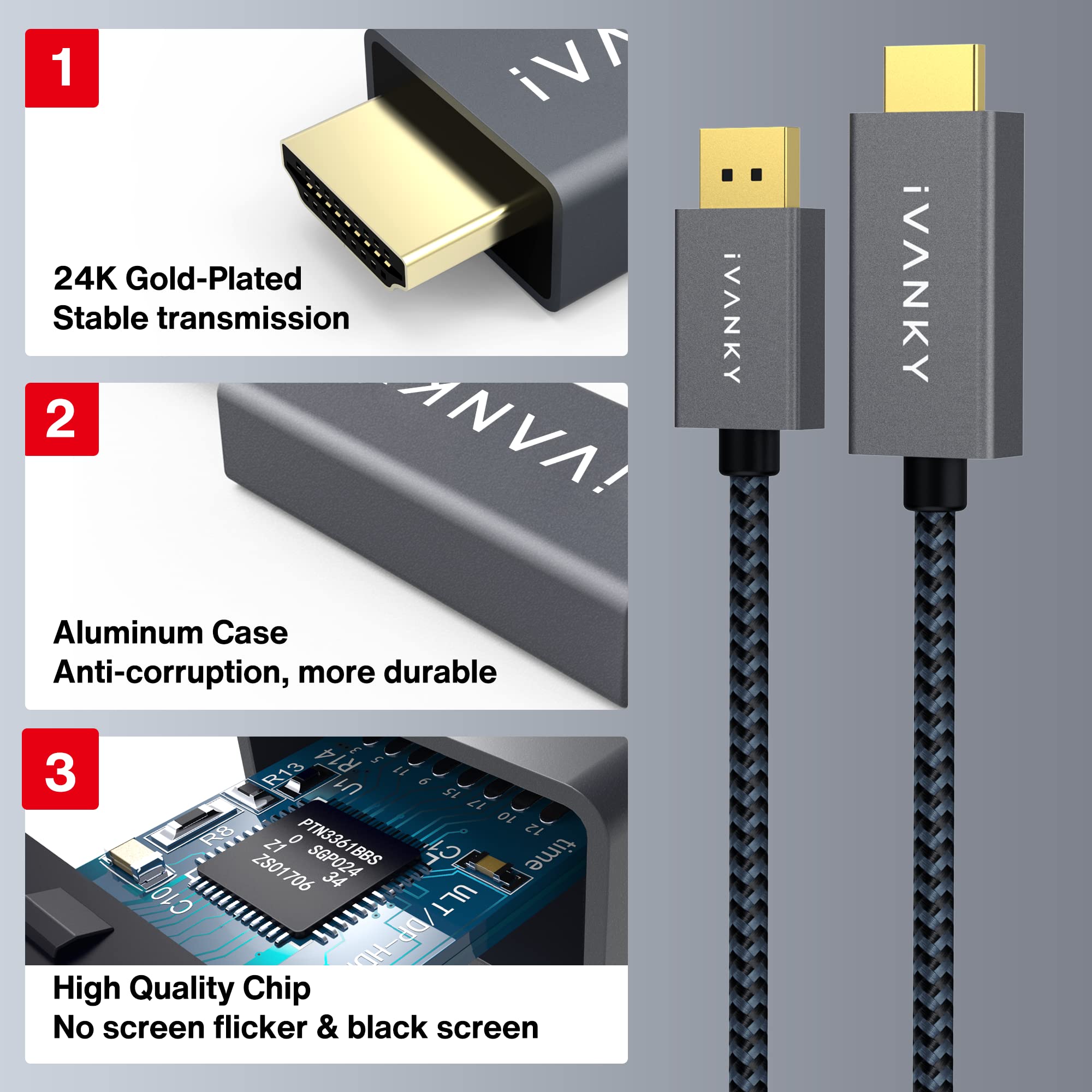 IVANKY DisplayPort to HDMI Cable, Uni-Directional 4k@30Hz DP to HDMI Cable and Uni-Directional 4k@60Hz DP to HDMI Cable