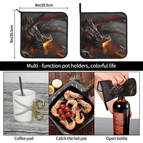 Knight Fighting Dragon Kitchen Pot Holders Hot Pad, Potholders Hot Pads for Kitchen,Washable Pot Holder Oven Mitts,Heat Resistant Hot Pad Kitchen Decor Accessories for Cooking and Baking(2 Sets