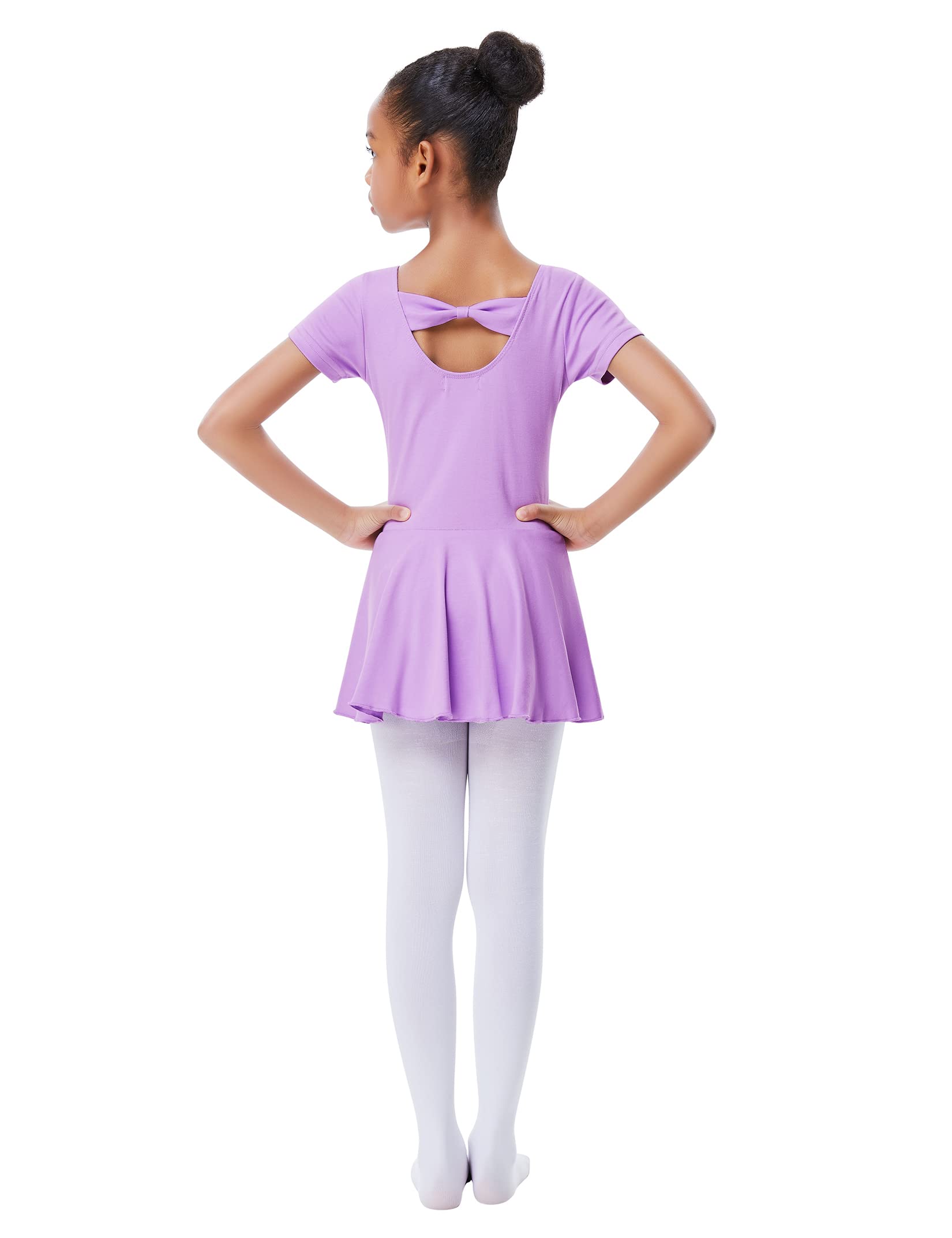 Huanye Girls Short Sleeve Ballet Leotards with Bow Back Ballet Dance Dress Tutu Ruffle Skirted Purple
