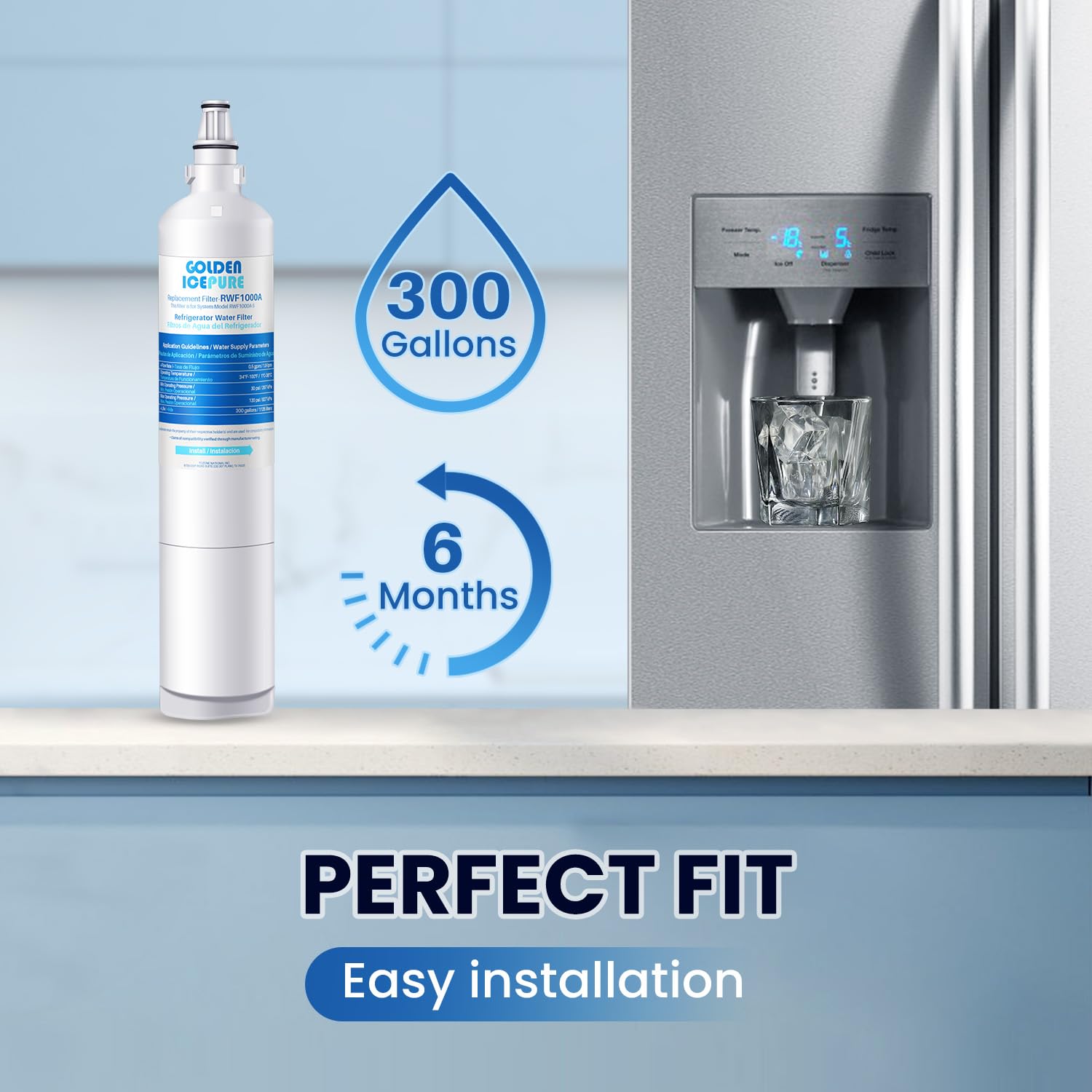 GOLDEN ICEPURE 5231JA2005A Replacement for LG LT600P, 3PACK, 469990, RFC1000A, WF300, FML-2 Refrigerator Water Filter 5231JA2006B, LFX25961SB, LSC27931ST, LFX25971ST, LRSC26925TT, LSC27990TT