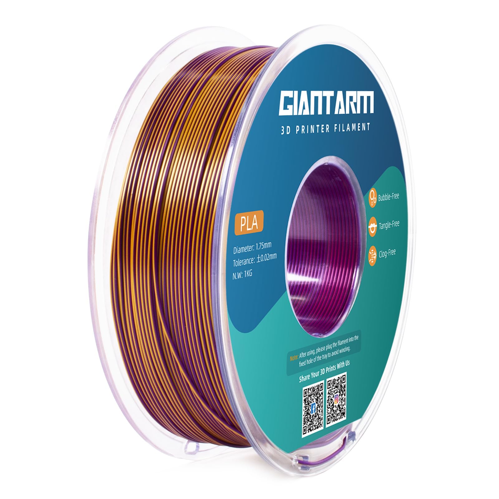 GIANTARM Tri-Colors Silk Pla Filament, 3D Printer Filament 1.75mm +/-0.02mm, 1Kg (2.2lbs) Spool, Vacuum Packaging(Red+Gold+Purple)