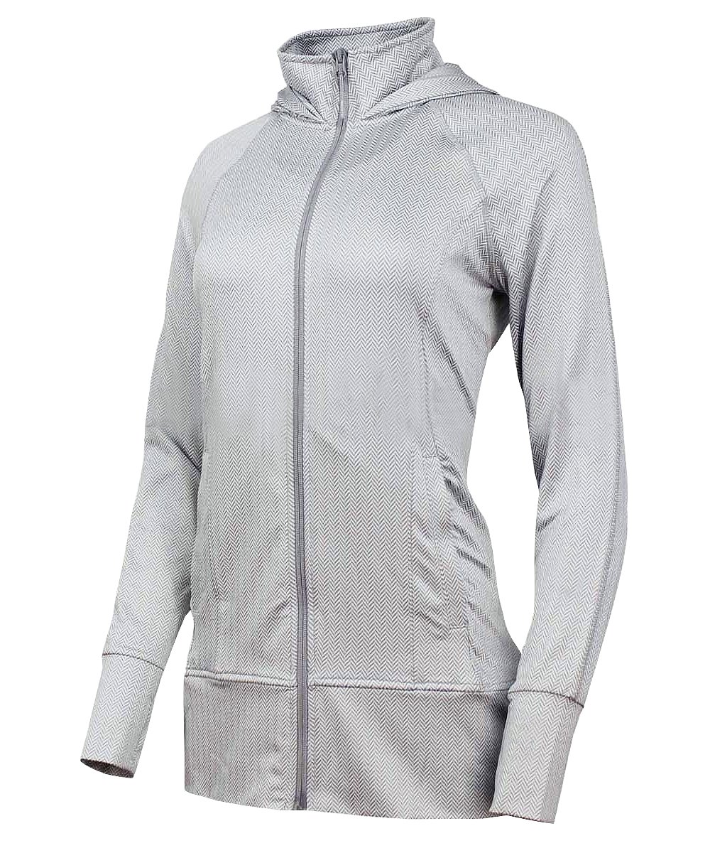 GGEZ Mondetta Women's Long Jacquard Hooded Knit Jacket (Gray/White Herringbone, X-Large)