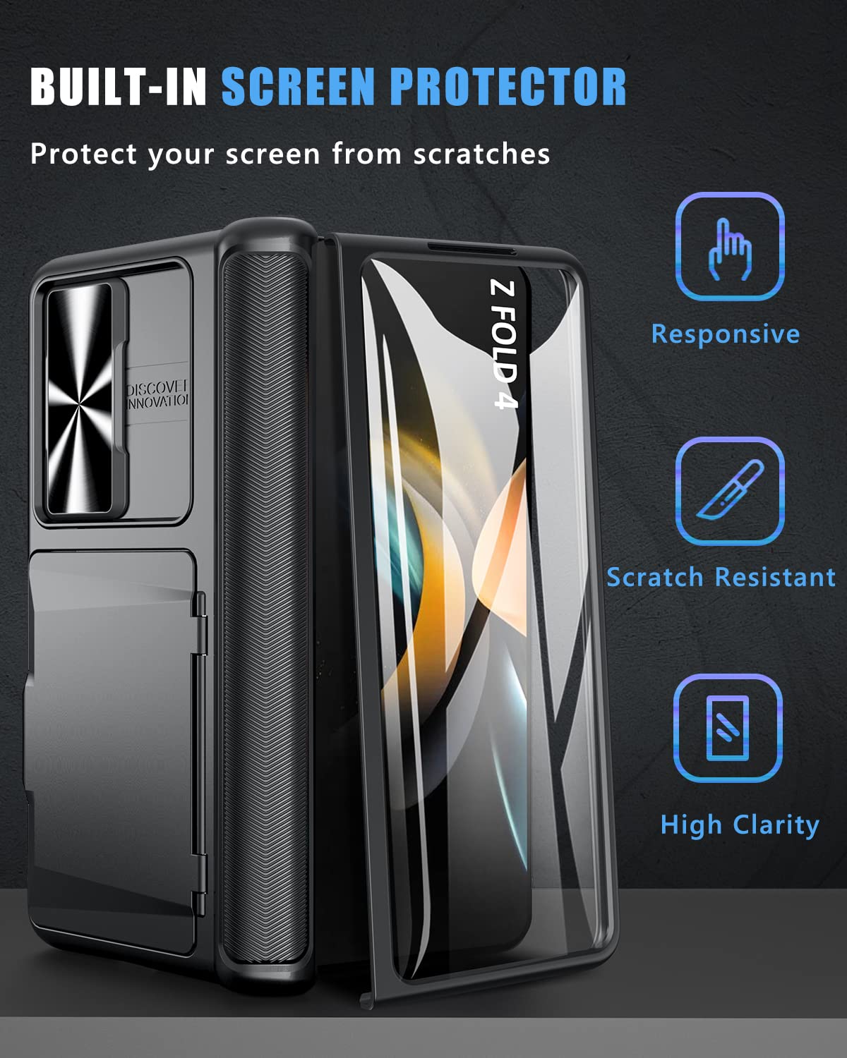 Vihibii for Samsung Galaxy Z Fold 4 5G Case with Card Holder & Sliding Camera Lens Cover, Built-in Hinge Protaction & Screen Protector & Kickstand, Case for Samsung Galaxy Z Fold 4 5G 2022 (Black)