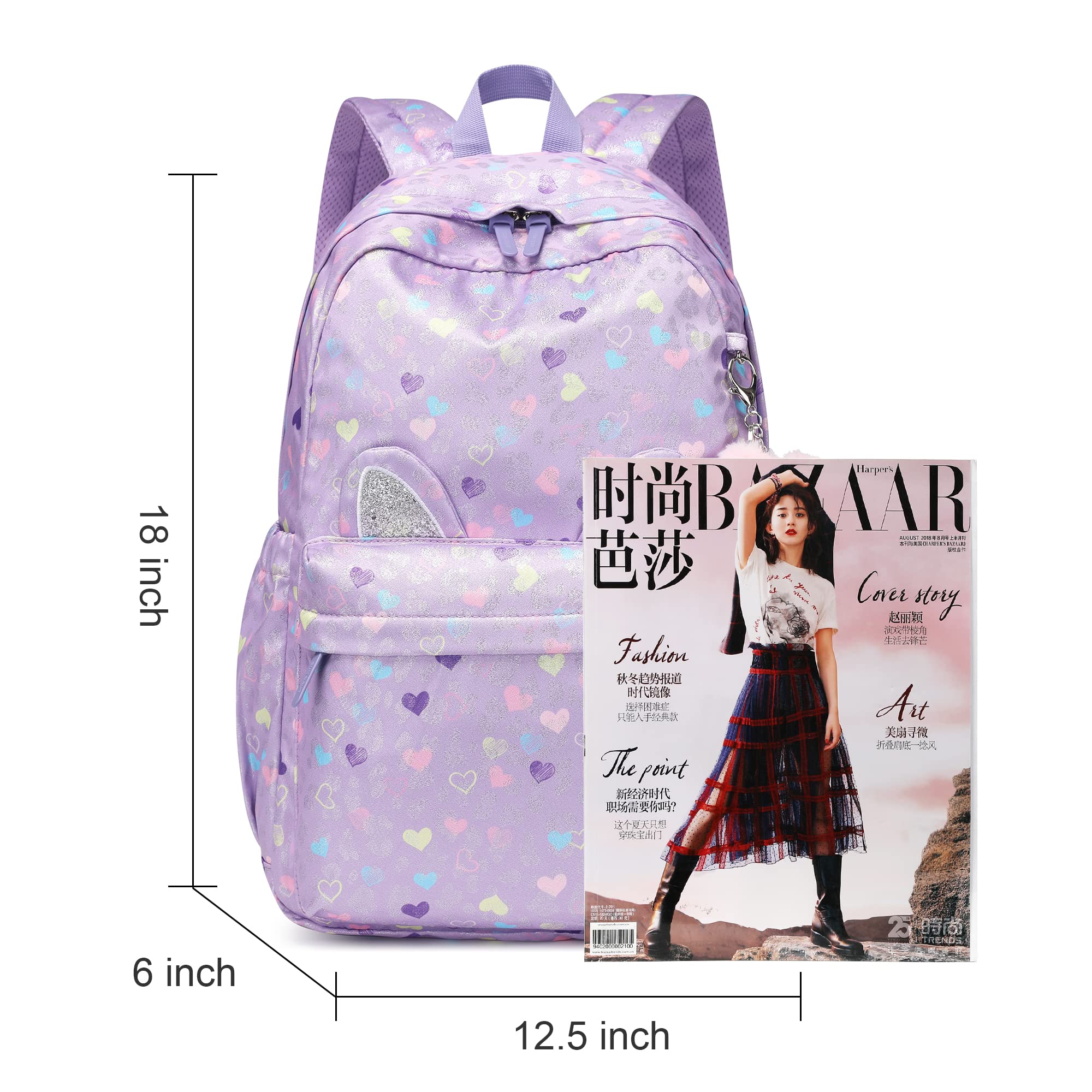 Kids Backpack Girls Light Purple Waterproof Large Space School Backpack Suitable for Age for Over 6 years old Lightweight Travel Cat Ear Heart Keychain Children Backpack(Light Purple Peach Heart)