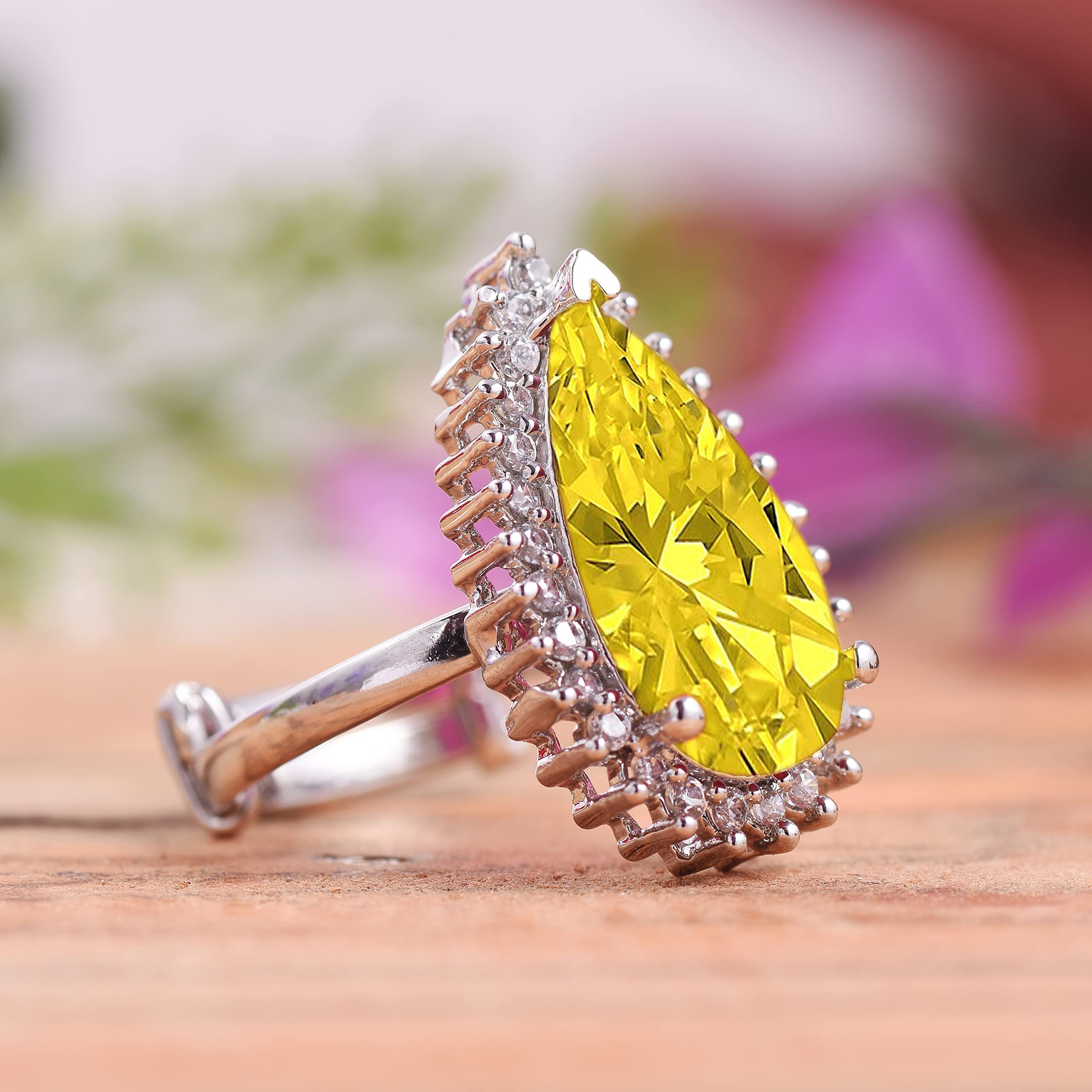 LMDPRAJAPATIS Pear Shape Yellow Sapphire Stone Silver Promise Ring For Men And Women