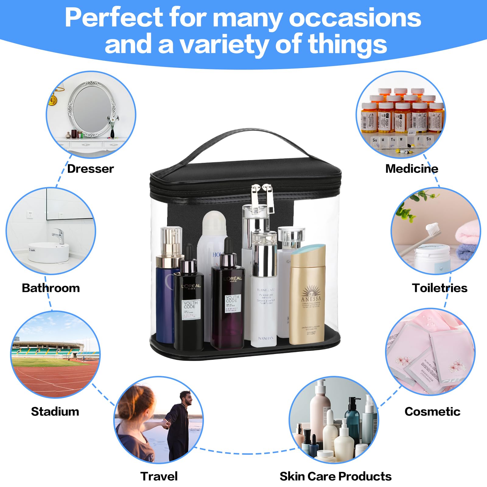 HAOGUAGUA Heavy Duty Leak Proof Clear Travel Bags for Toiletries, Transparent Makeup Cosmetic Bag with Zipper and Handle (Large, Black)