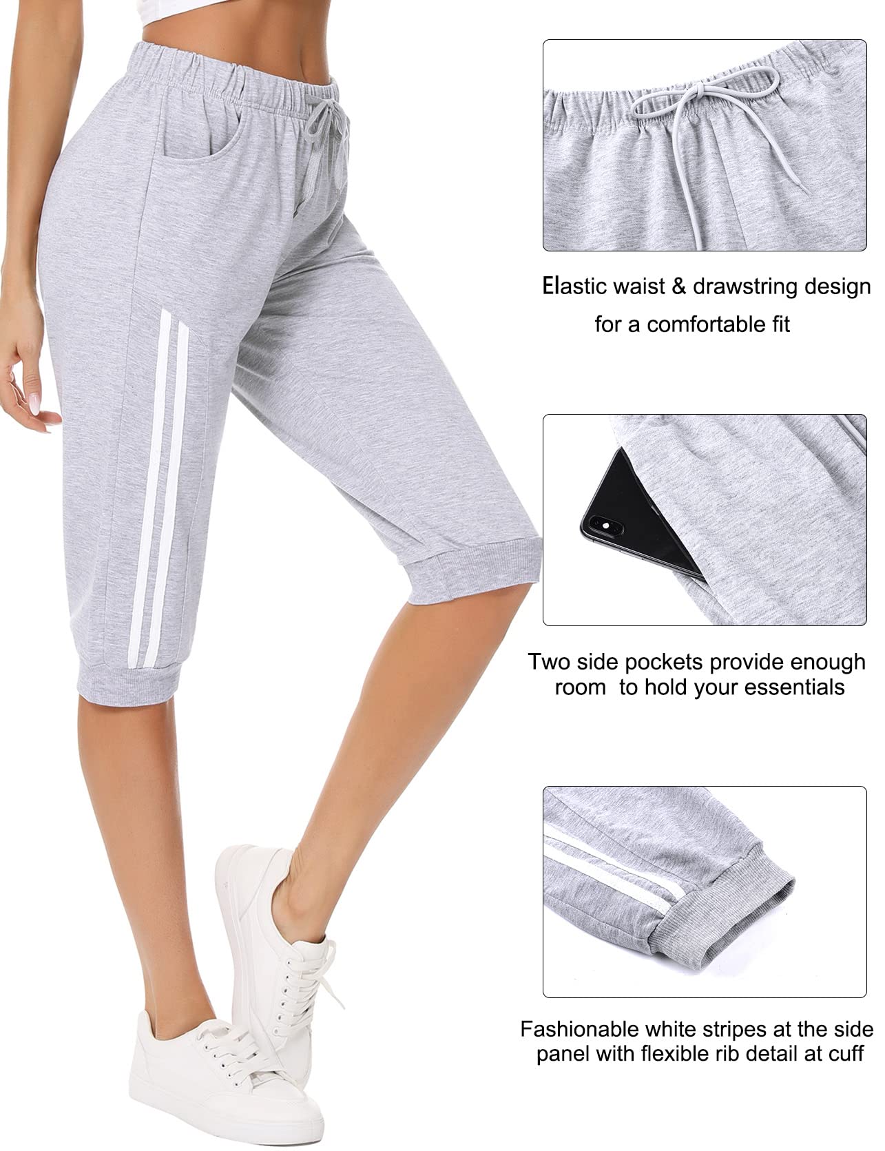 Kvswiu Capri Sweatpants for Women Casual Cropped Joggers with Pockets Yoga Running Light Grey