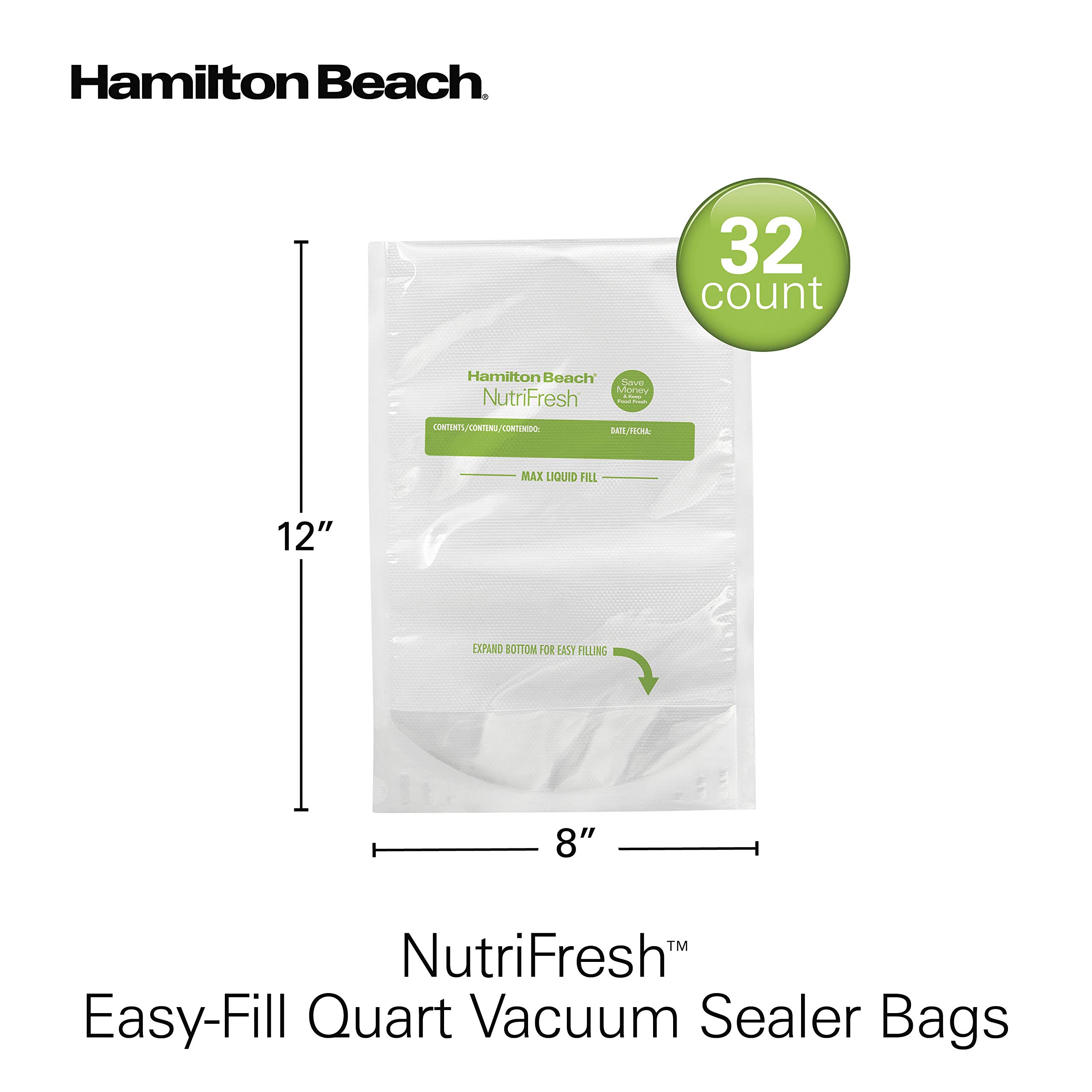 Hamilton Beach Easy-Fill 32 Count One Quart Vacuum Sealer Storage Bags for Food, BPA Free, 12β x 8β, Meal Prep and Sous Vide