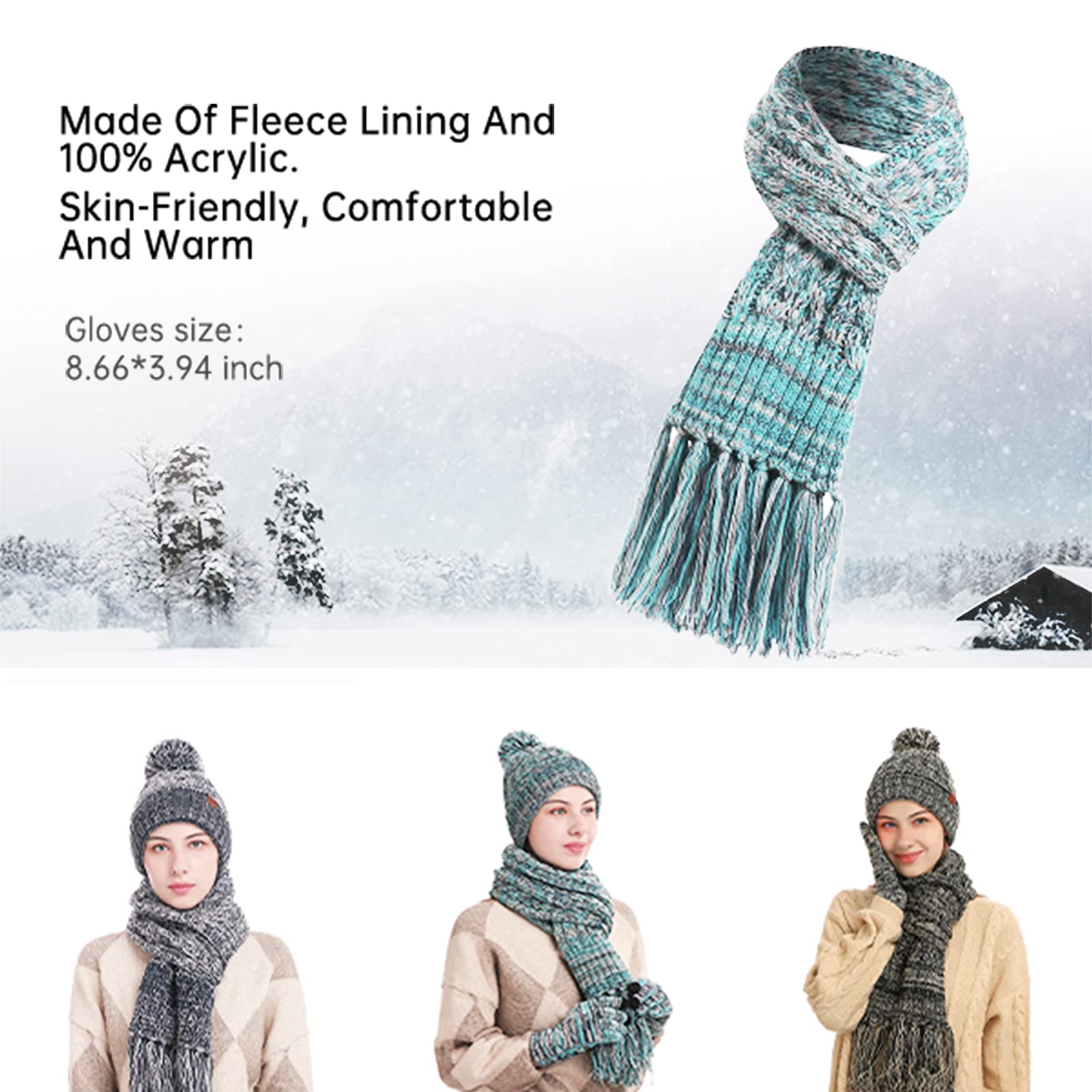 Honnesserry Winter Warm Beanie Hat Scarf and Touchscreen Gloves Set for Womens Skull Caps Neck Scarves with Fleece Lined