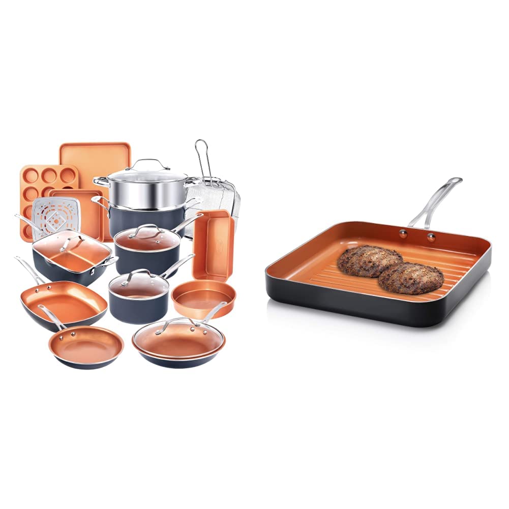 Gotham Steel Pots and Pans Set, 20 Pc Non Stick Cookware Set, Long Lasting Nonstick Kitchen Set with Pan Set, Pot Set, Baking Set & Gotham Steel Grill Pan – 10.5” Square Aluminum Grill Pan