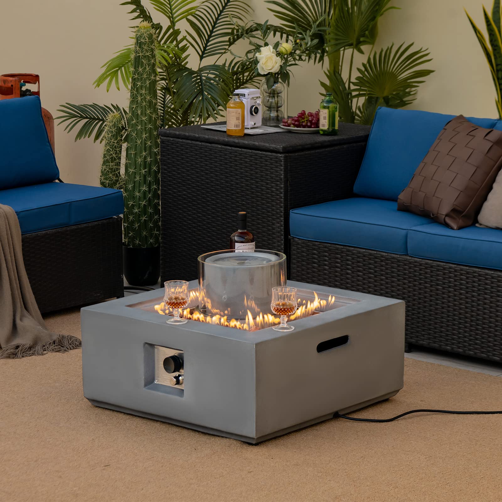 Giantex Fountain Fire Pit Table - 50,000 BTU Square Fire Table w/Middle Fountain, Wind Glass, Stainless Steel Burner, PVC Cover, CSA & UL Certificated, 28β Firepit for Patio, Poolside, Backyard,Gray