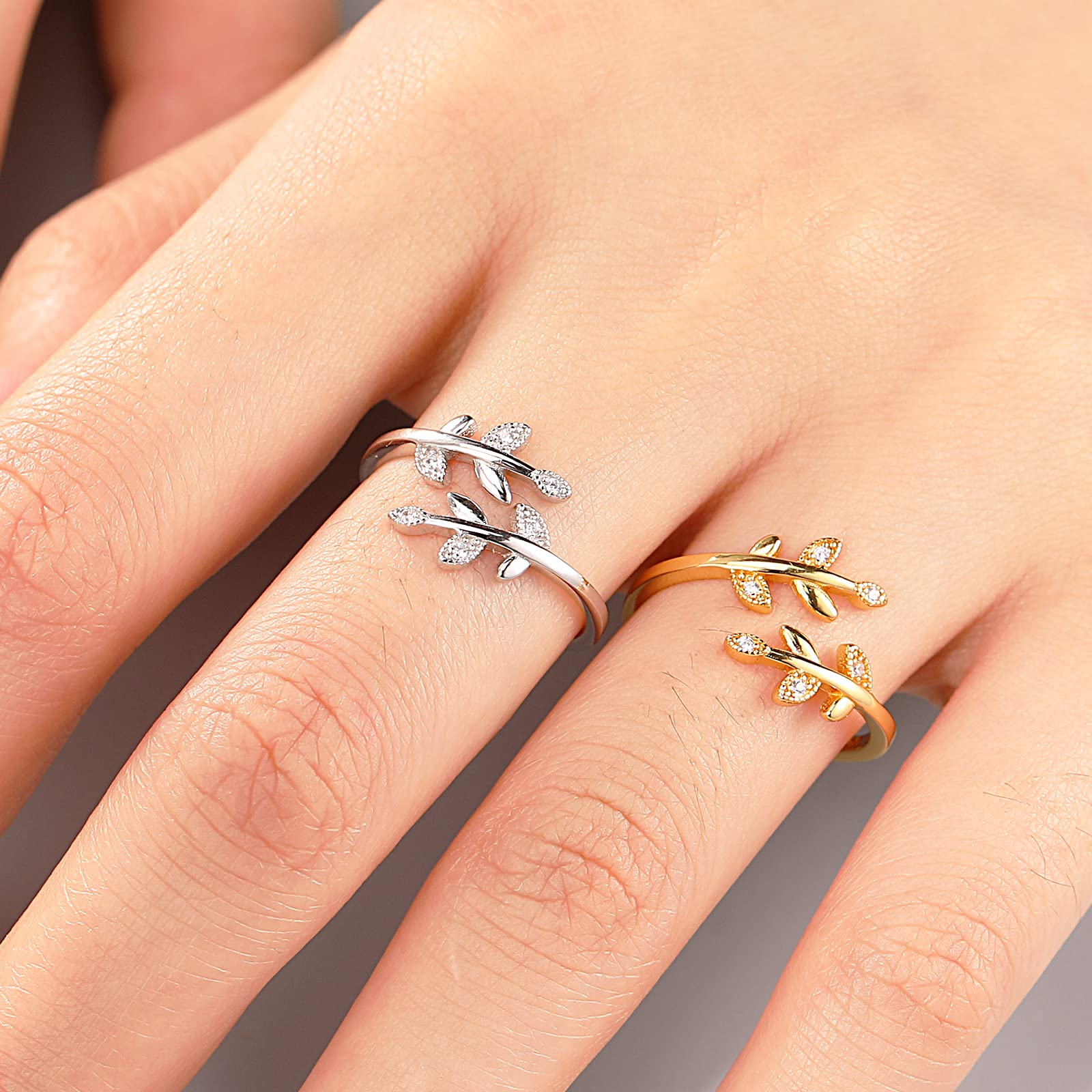 LOVECOM 925 Sterling Silver Leaf Rings With Zircon for Women Open Adjustable Statement Wedding Bands Jewelry Gifts for Her (Silver)