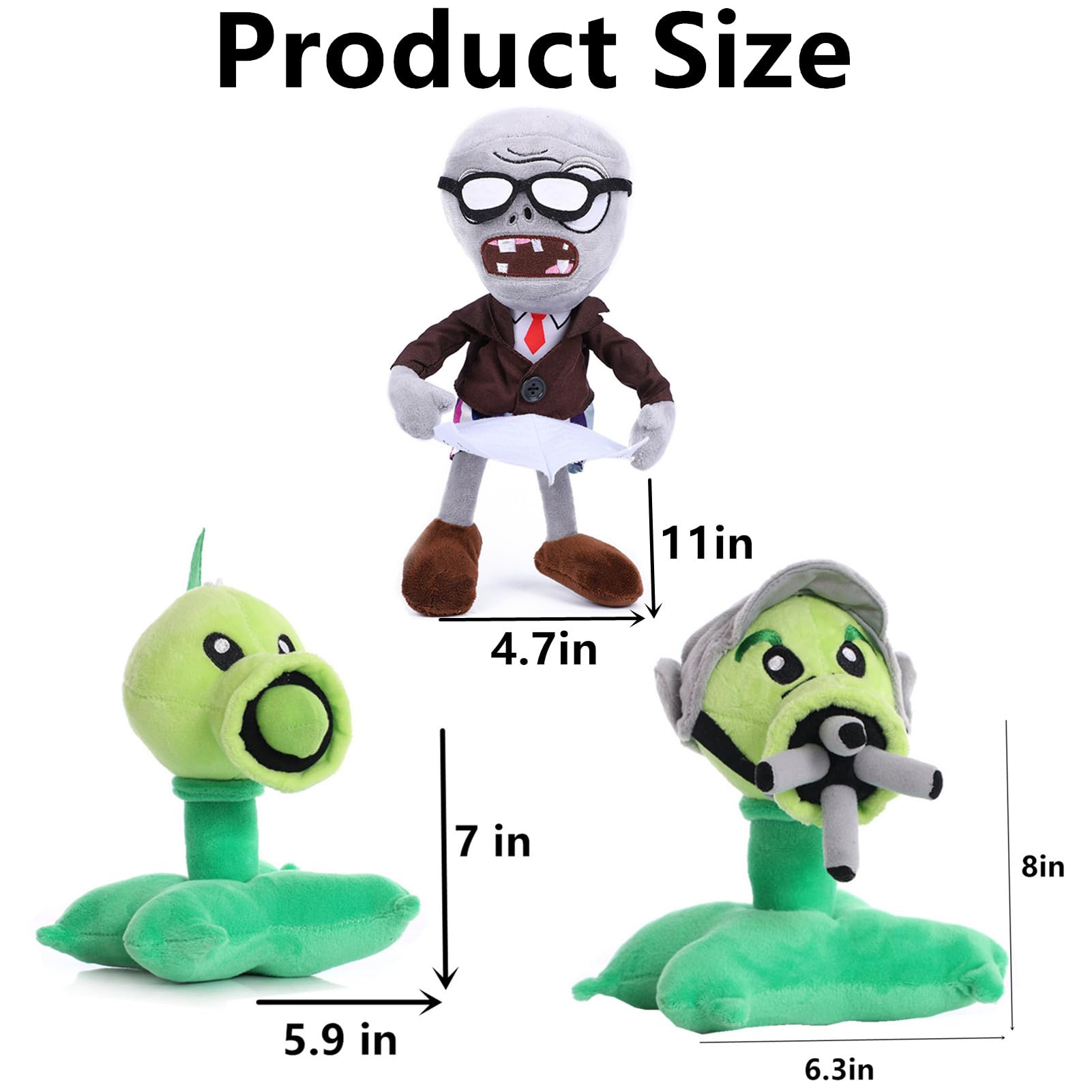 JHESAO 3 PCS Plants and Zombies Plush Plants Sets Zombies Toy Pea, 1 2 Stuffed Soft Gatling Pea Doll, Newspaper Zombie PVZ Plush Figure Doll New