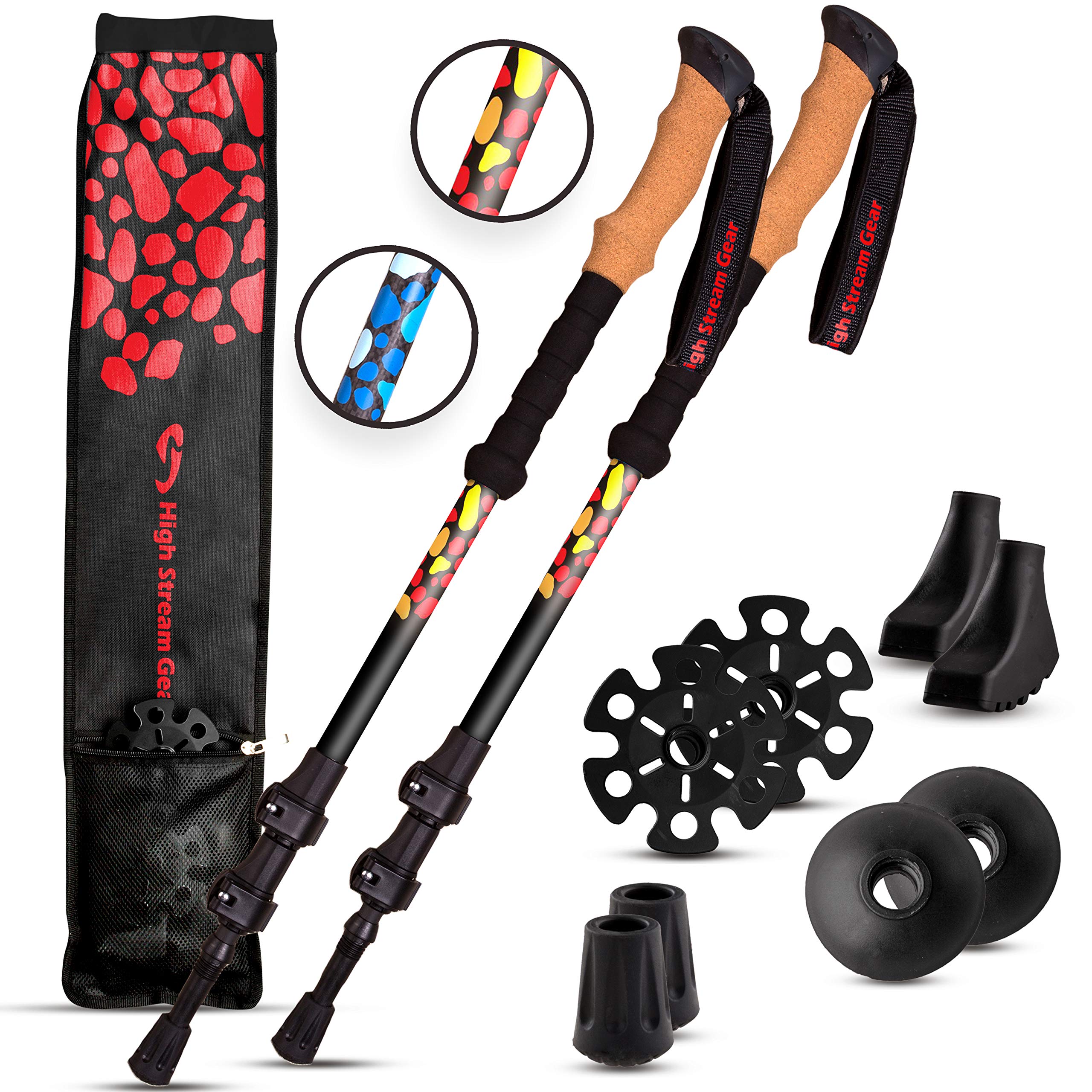 High Stream Gear Trekking Poles Real Cork Grip Handles - Ultra-Lightweight – Telescopic Compact Hiking Poles Includes Essentials Accessories for Walking and Backpacking (Aluminum 7075, Red)