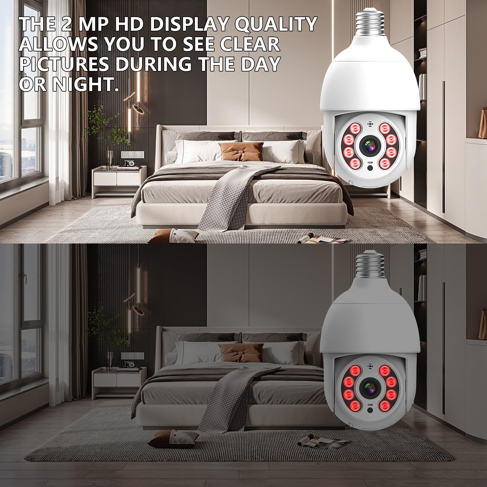 Hicvers Light Bulb Camera, 360° Panoramic Camera with 2 MP HD Picture Quality, with Clear Night Vision, 2-Way Audio, Motion Detection, Alarm Function, Compatible with Alexa, for Indoor and Outdoor