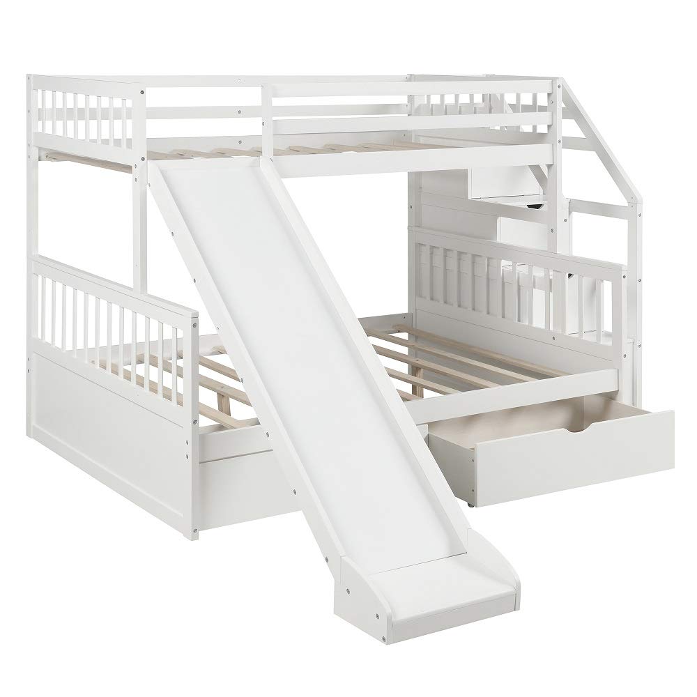 Harper & Bright Designs Twin Over Full Bunk Beds, Storage Low Bunk Beds with Slide and Staircase, No Box Spring Needed (Low Bunk Beds Twin Over Full White)
