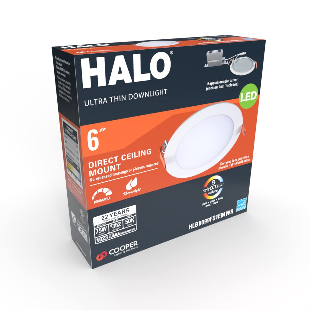 HALO 6 inch Recessed LED Ceiling & Shower Disc Light – Canless Ultra Thin Downlight – 5 CCT Selectable - White - 6 Pack