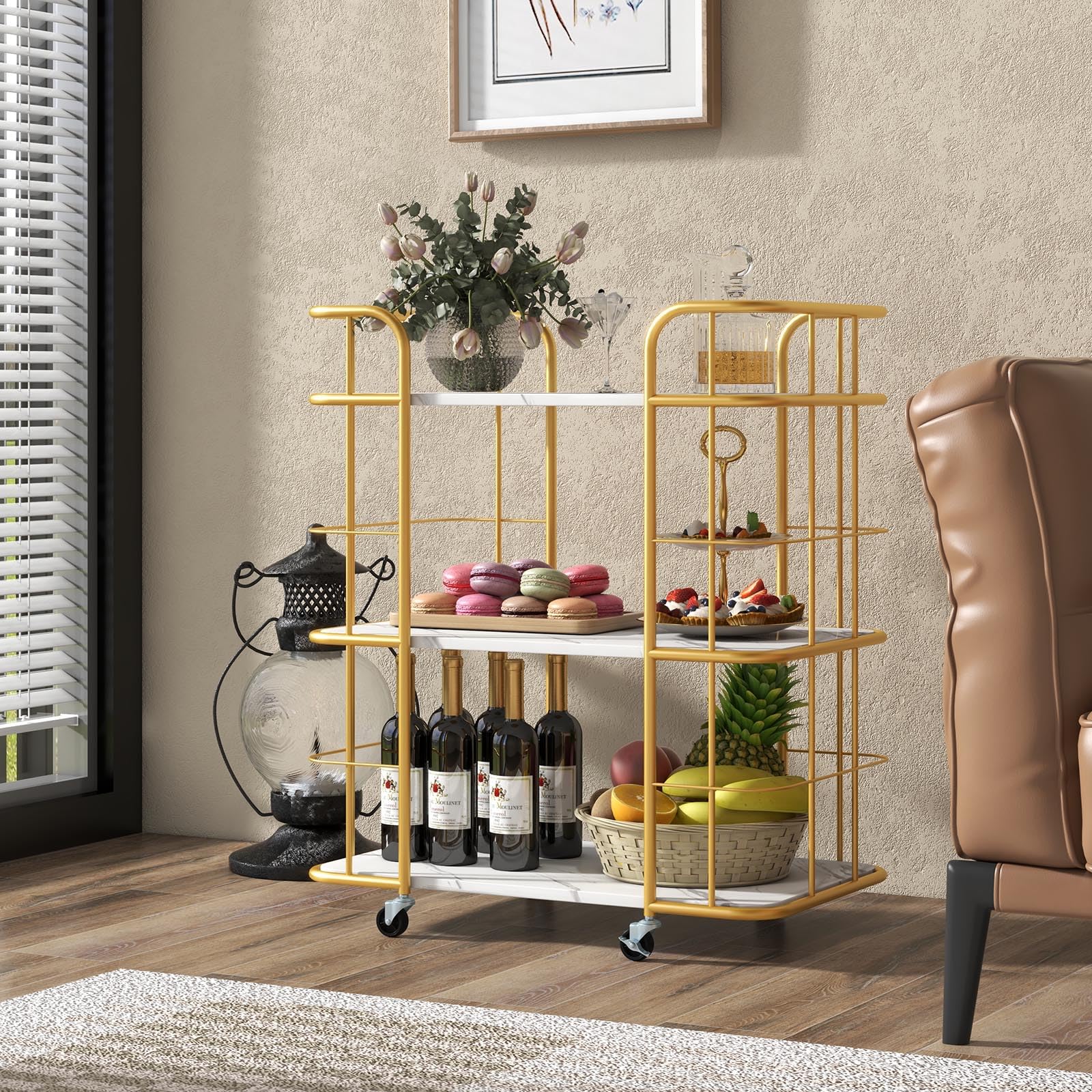Giantex Gold Bar Cart, Home Island Service Cart, 3 Tier Storage Shelves with Guardrail, Imitation Marble Top, Kitchen Utility Trolley on Wheel Lockable for Dining Room Wine Coffee Bar White (1)