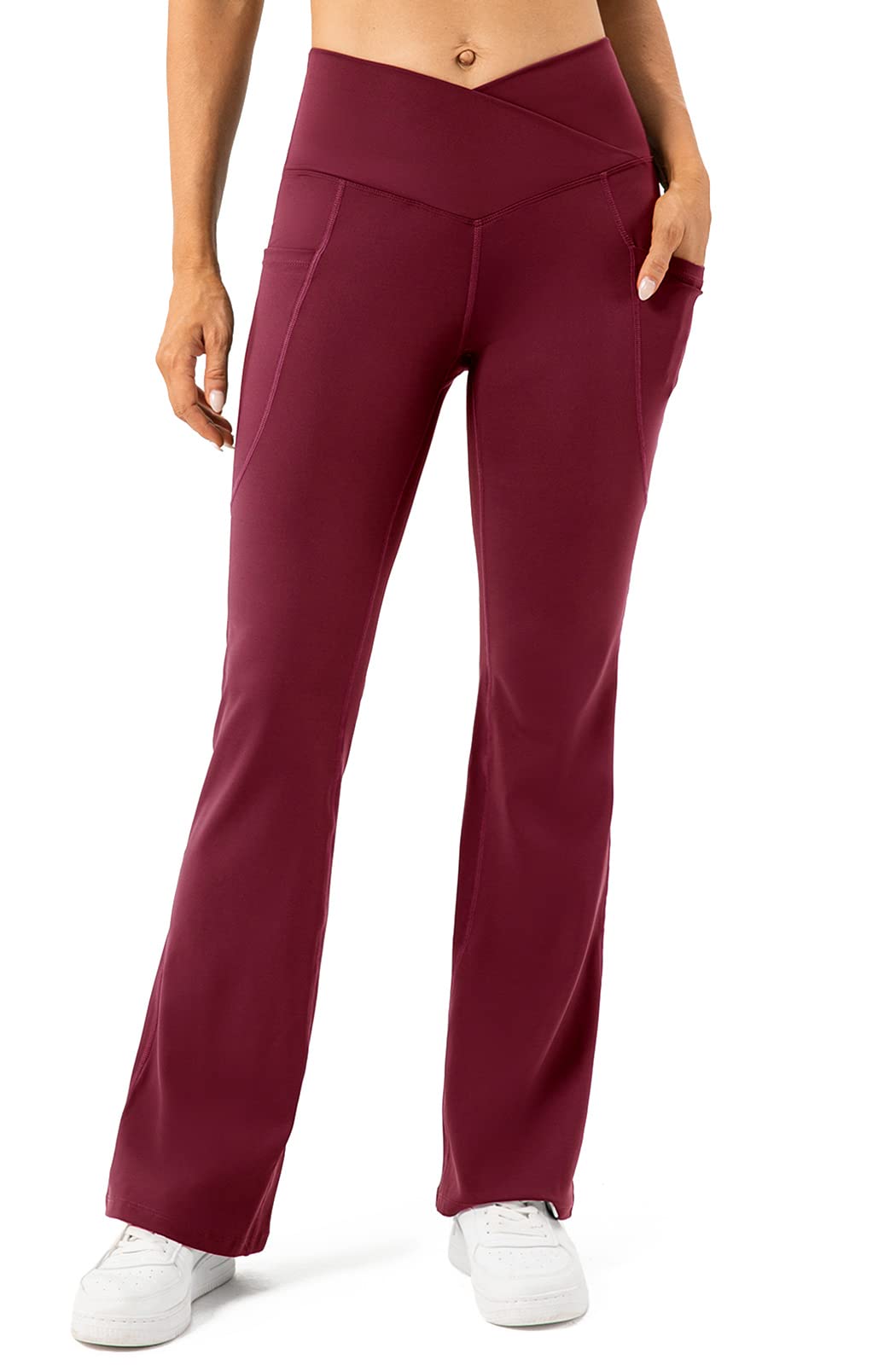 Lavento Women's Bootcut Yoga Pants - Crossover Waist Pocketed Flare Leggings for Women (Gray, Small)