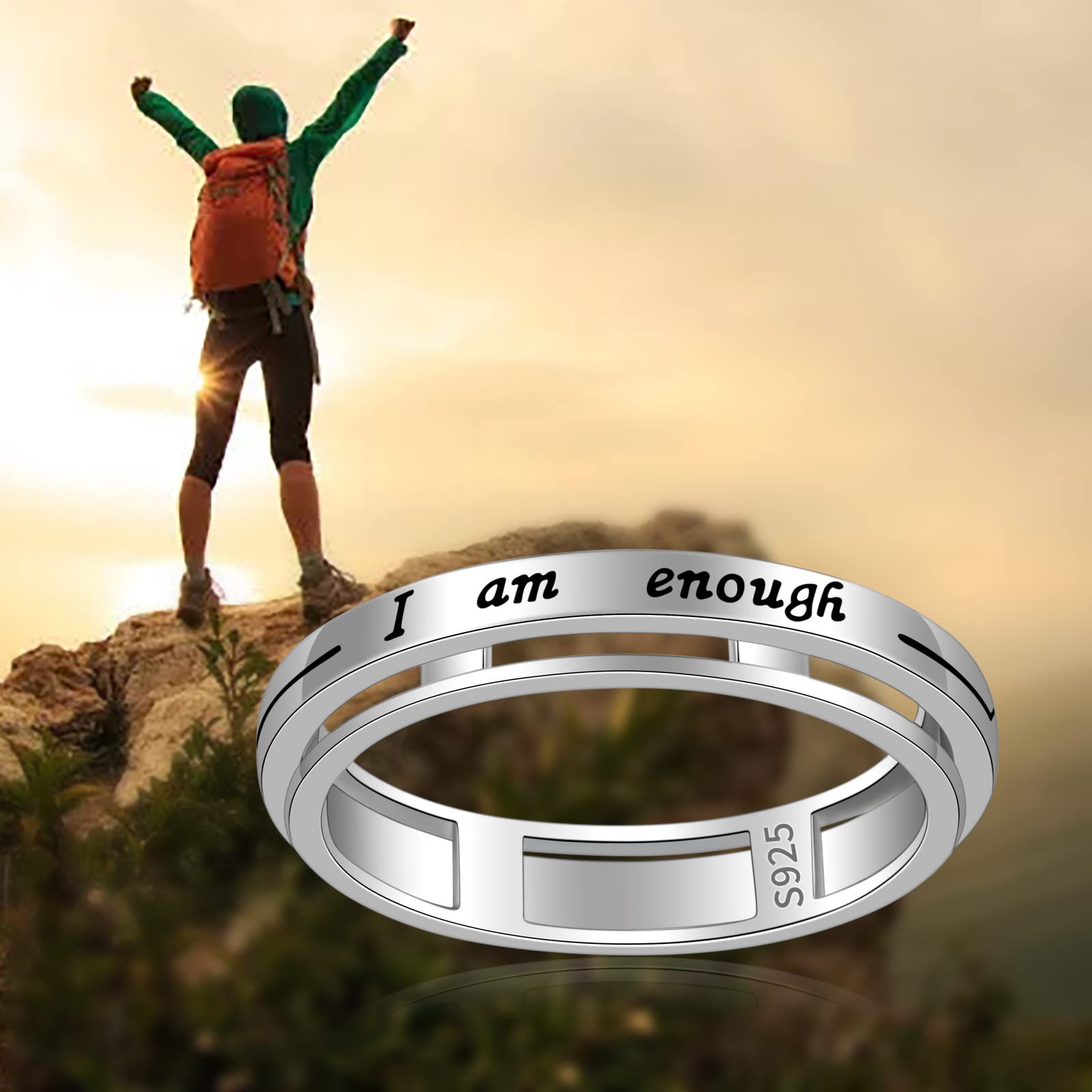 I am Enough Fidget Spinner Ring for Women 925 Sterling Silver Heart Beat Matching Engagement Promise Dainty Anxiety Rings, US Size 8